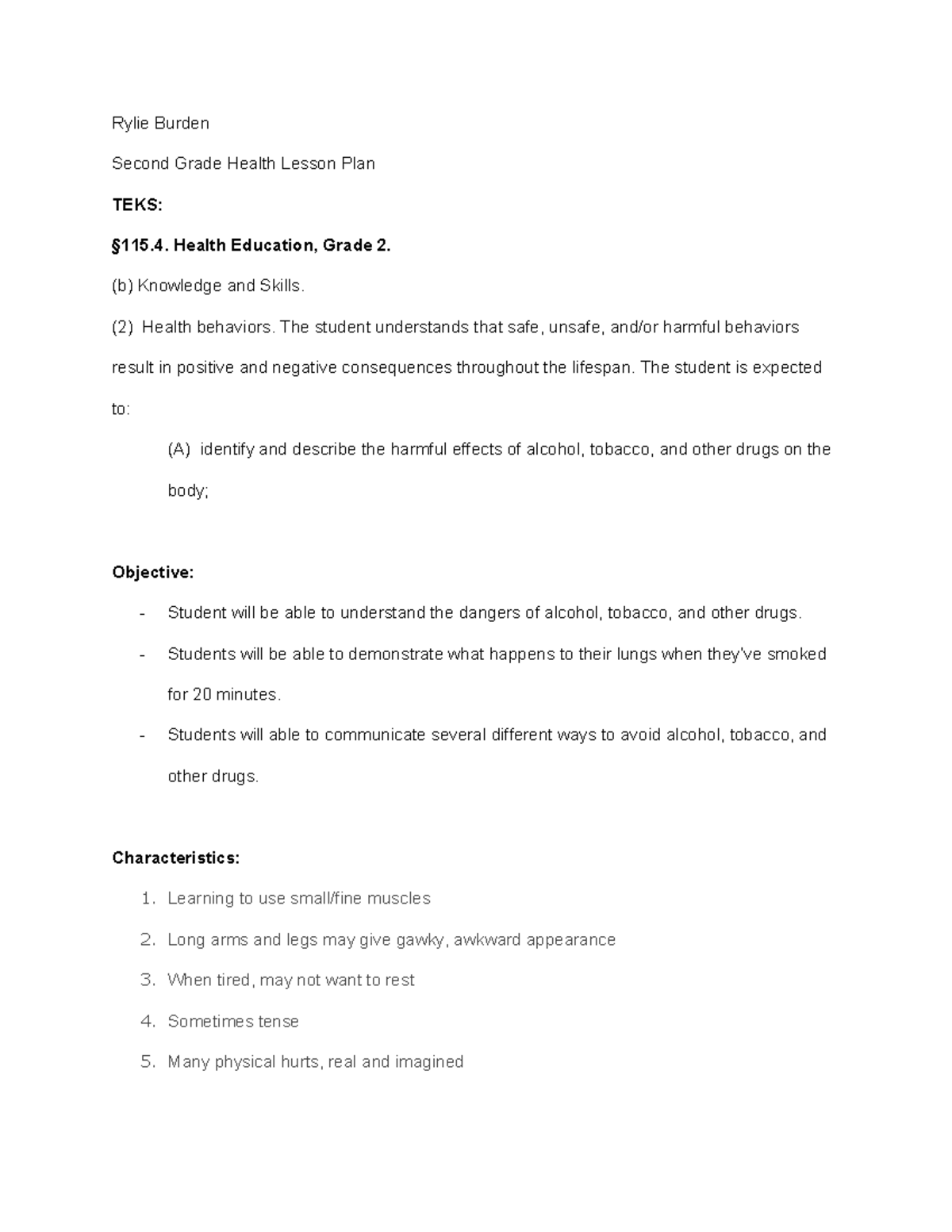 Health Lesson Plan - Rylie Burden Second Grade Health Lesson Plan TEKS ...