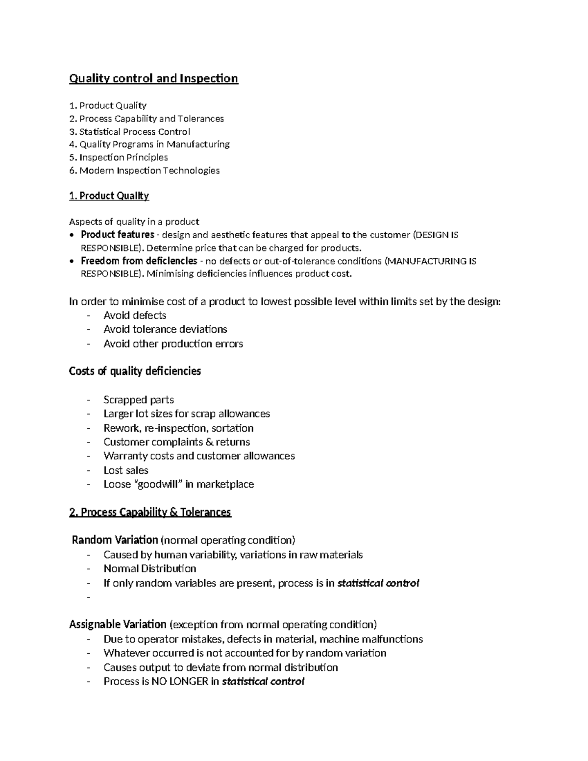 MVS311 Exam Notes - Quality control and Inspection 1. Product Quality 2 ...