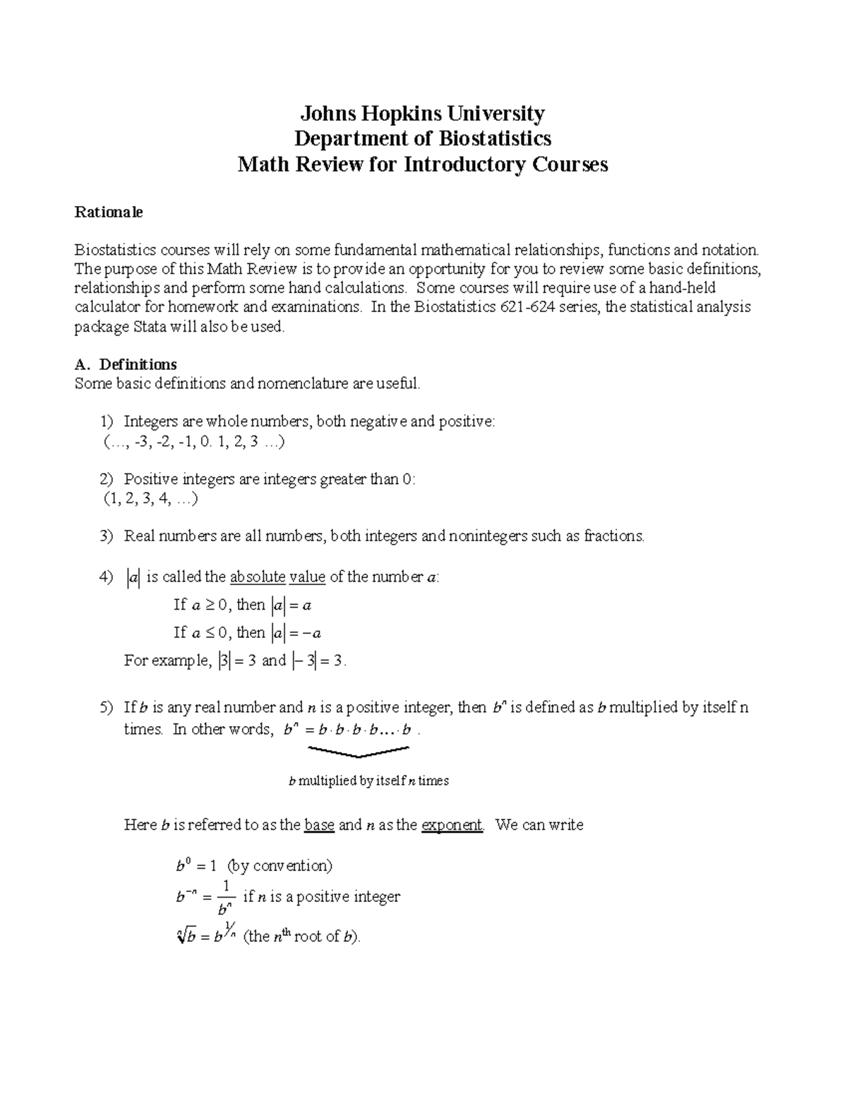 Math Review - Johns Hopkins University Department of Biostatistics Math ...