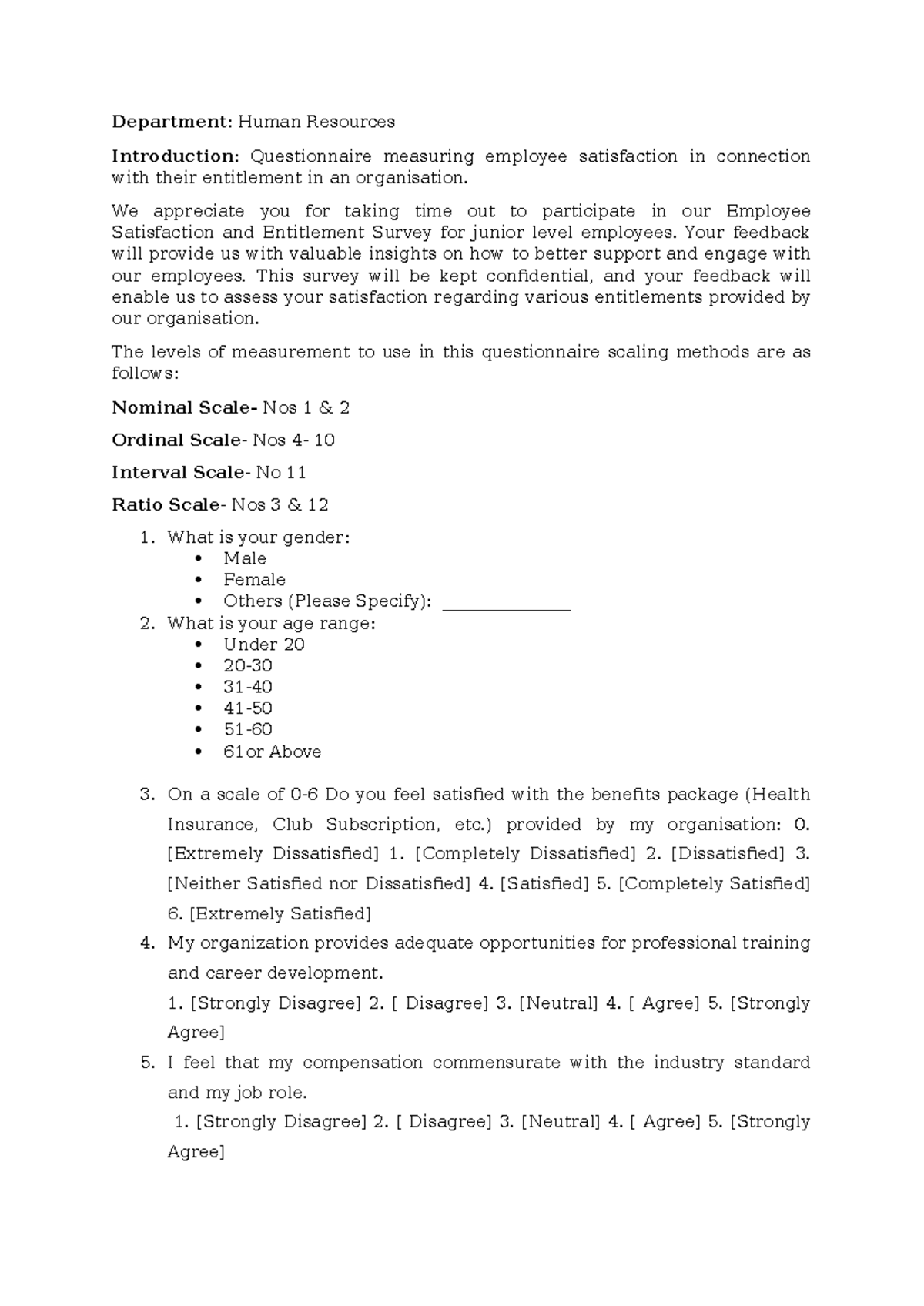 HR Questionnaire - Department: Human Resources Introduction ...