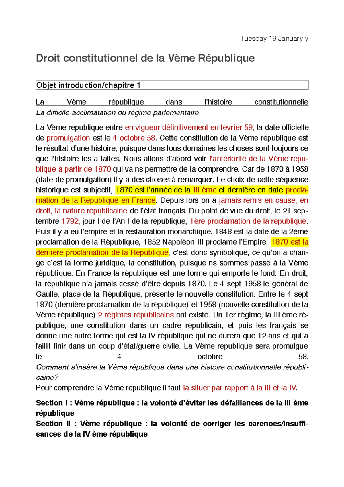 Constit cours - Droit constitutionnel de la Vème République Objet ...