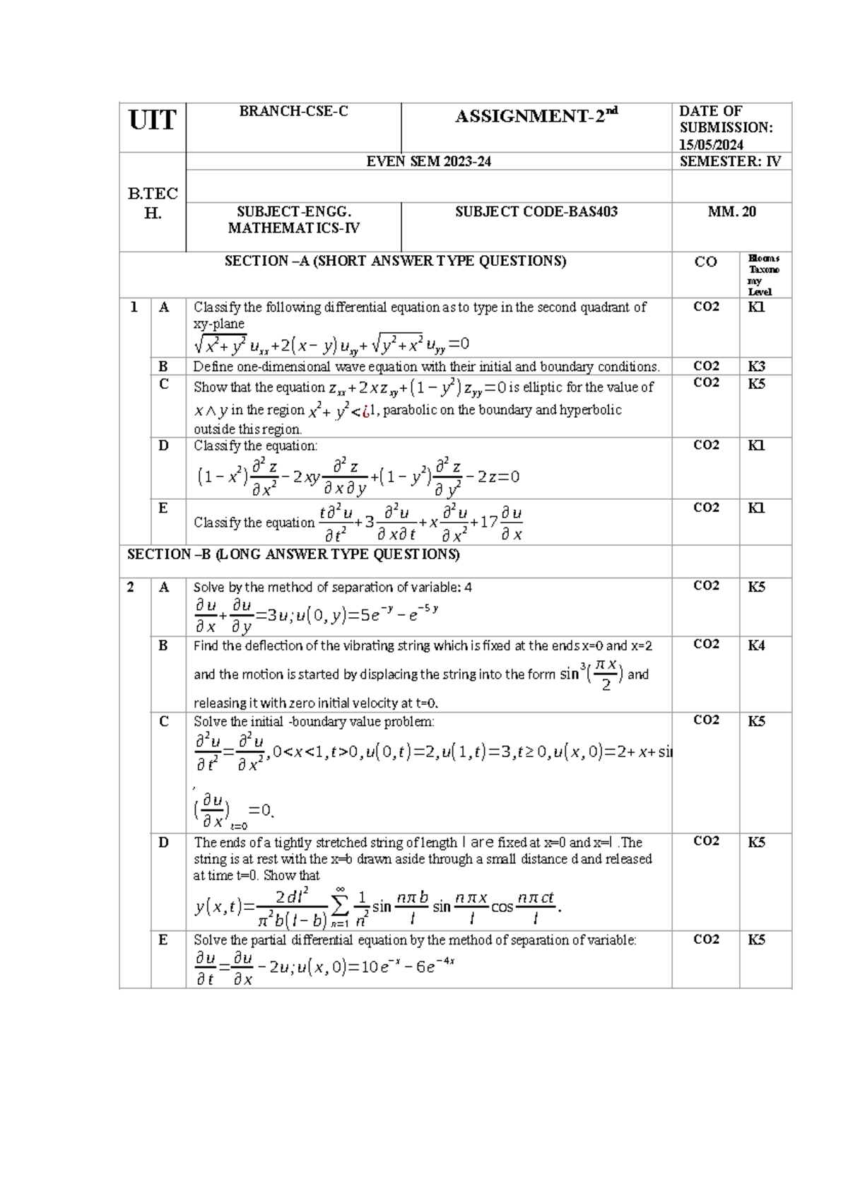 MATH-IV Assignment 2 (as per new syllabus 2023-24) - UIT BRANCH-CSE-C ...