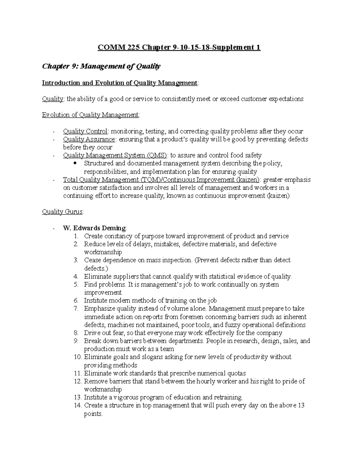 COMM 225 Chapters for Final - COMM 225 Chapter 9-10-15-18-Supplement 1 Chapter 9: Management of ...