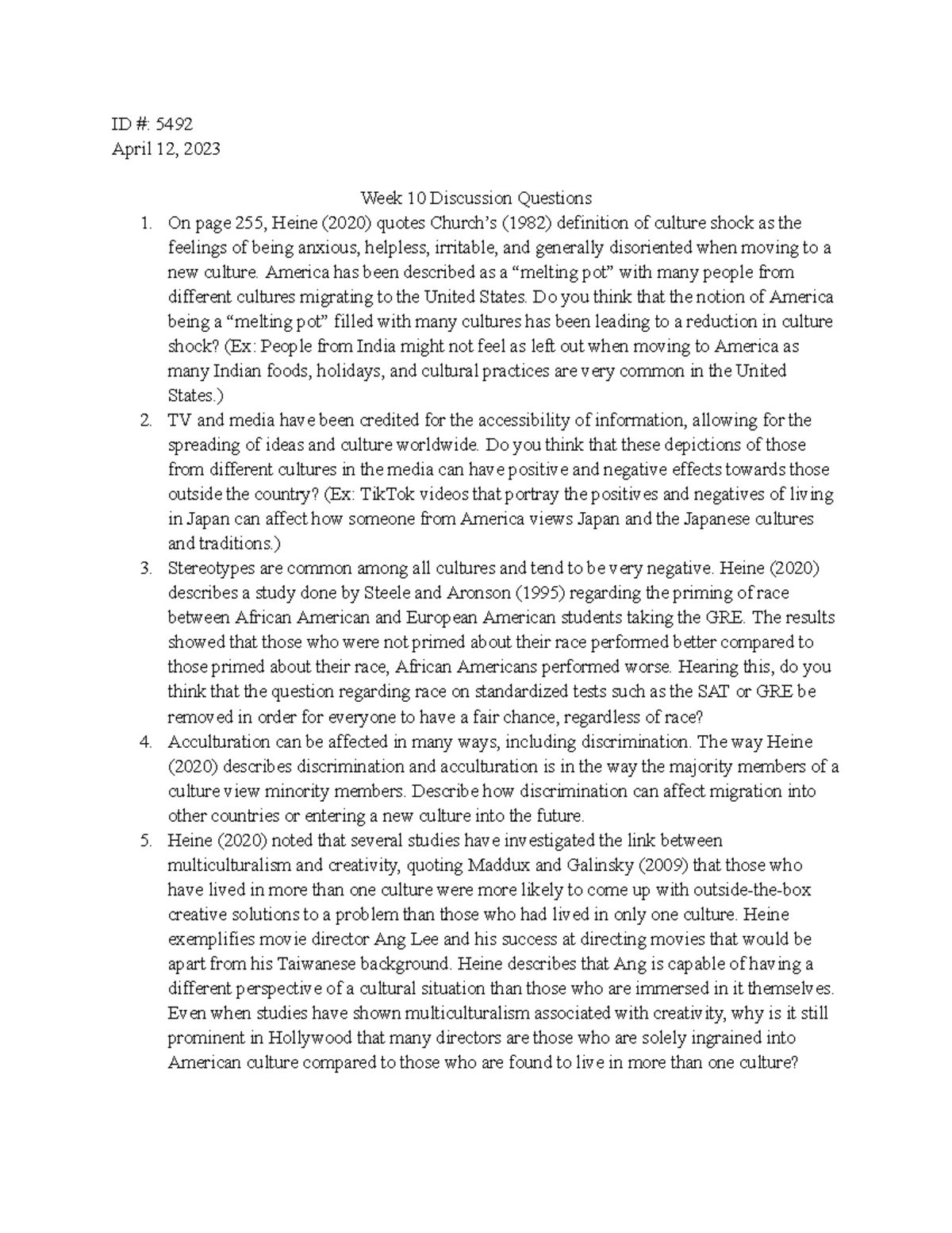 Week 10 Discussion Questions - ID #: 5492 April 12, 2023 Week 10 ...