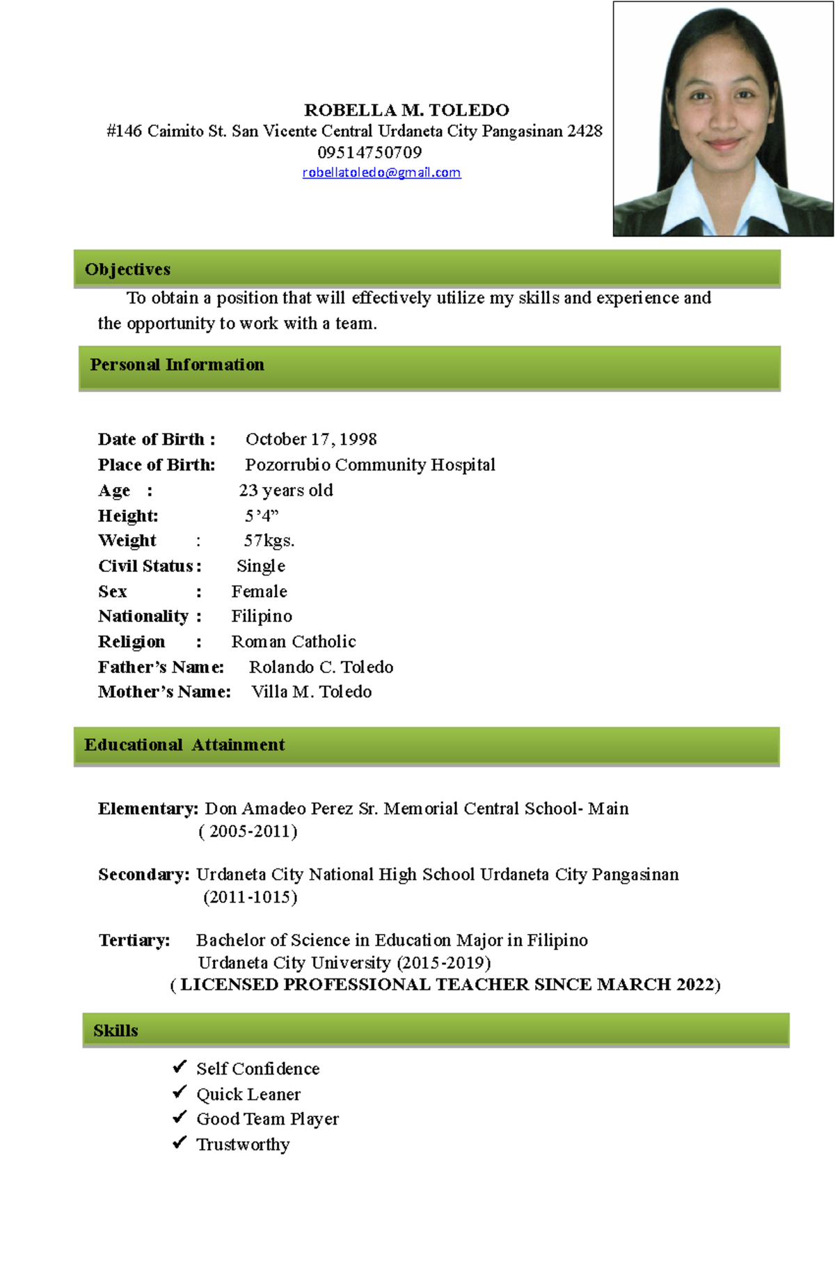 Final resume - Nice - ROBELLA M. TOLEDO #146 Caimito St. San Vicente ...