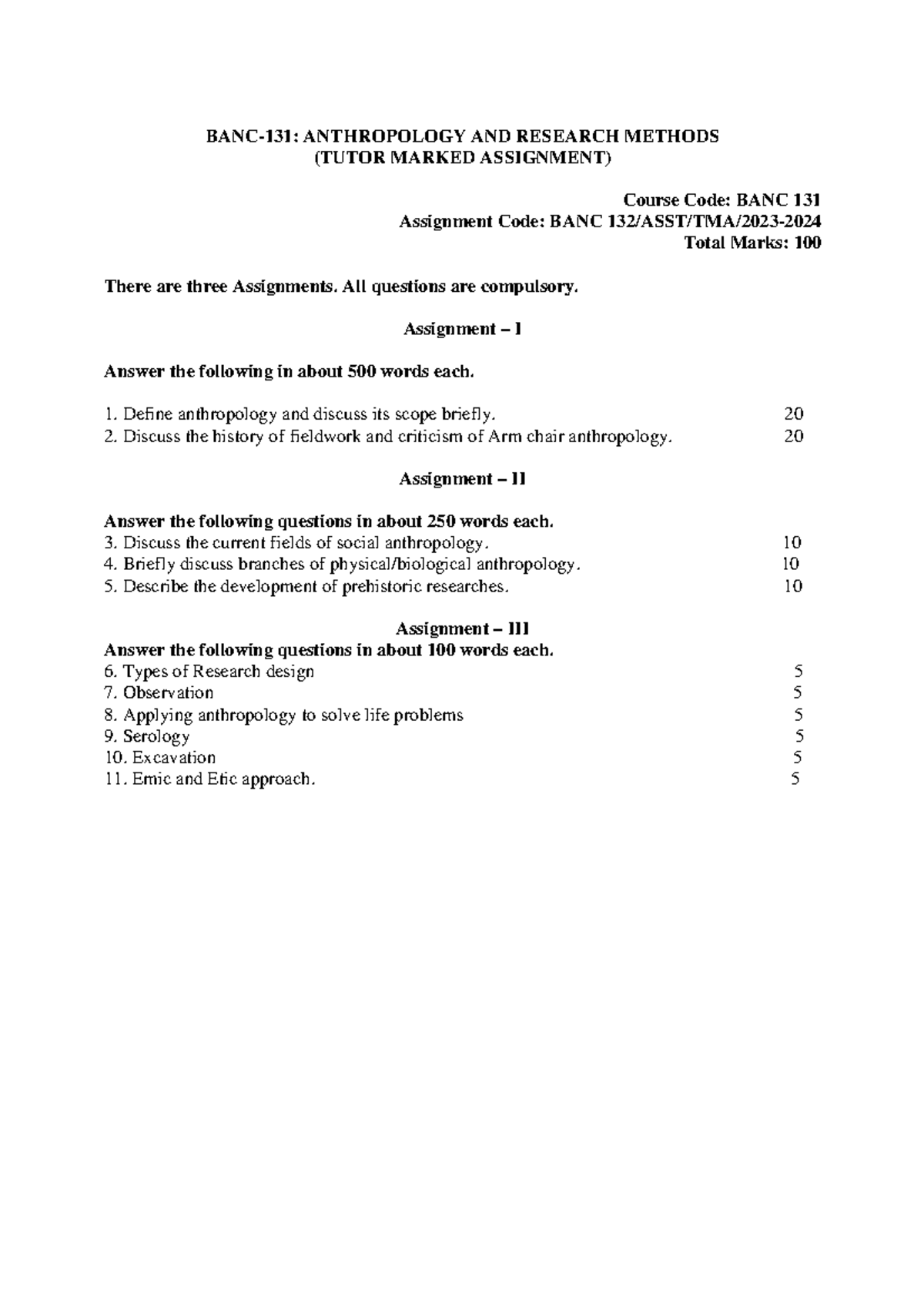 BANC 131 English - Assignments - BANC-131: ANTHROPOLOGY AND RESEARCH METHODS (TUTOR MARKED - Studocu