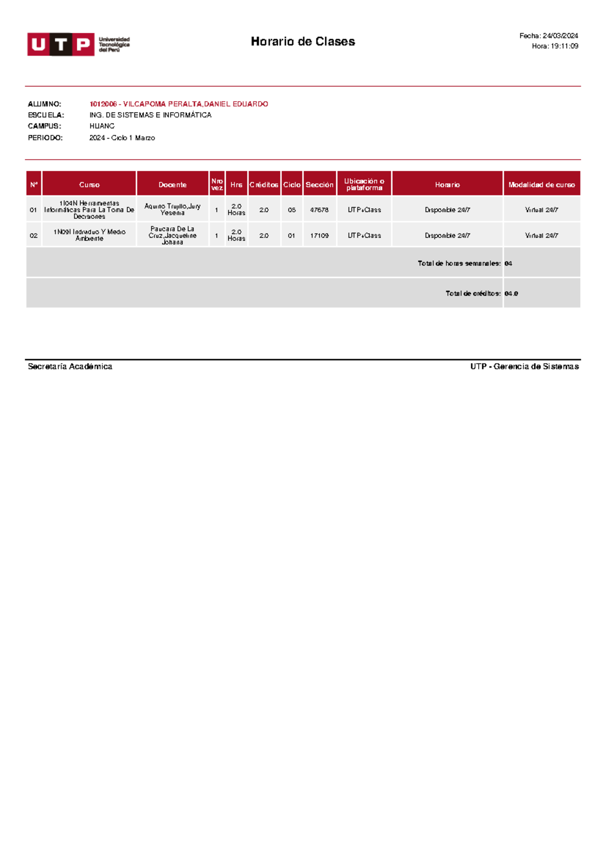 Reporte Horario - Horario de Clases Fecha: 24/03/ Hora: 19:11: ALUMNO ...