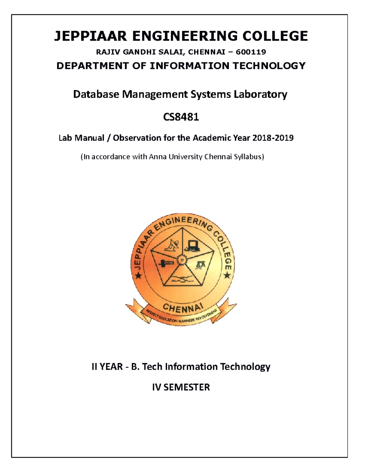 Dbms Lab Manual Jeppiaar Engineering College Rajiv Gandhi Salai Chennai 600119 Department