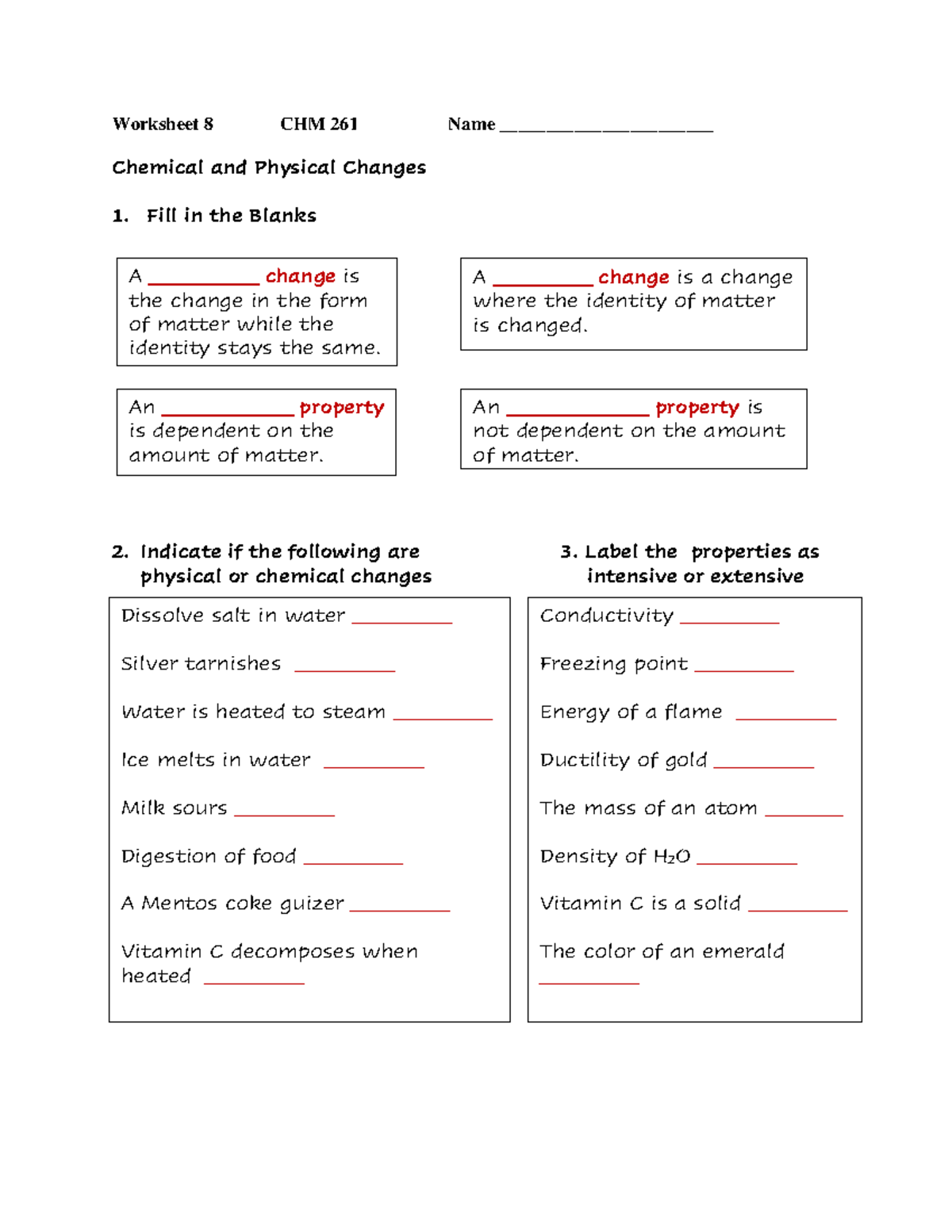 Chemical And Physical Changes Worksheet
