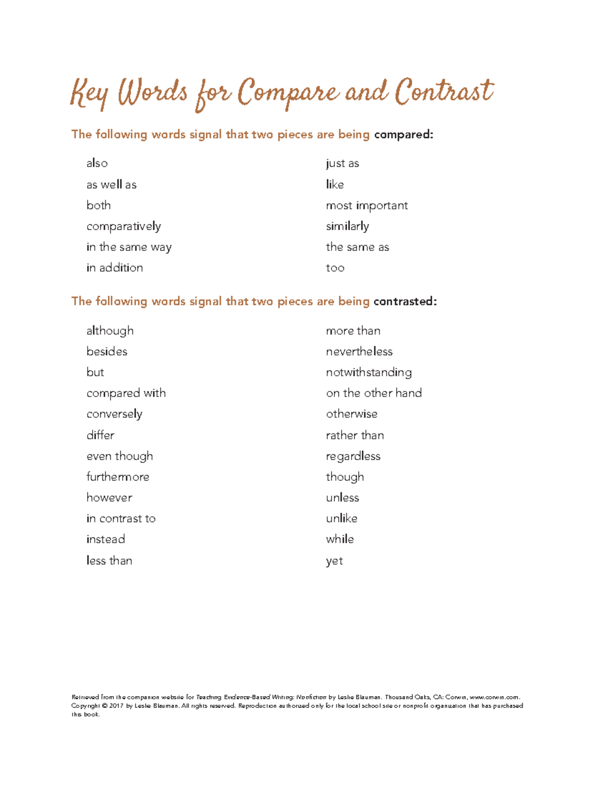 Words to compare and contrast - Key Words for Compare and Contrast The ...
