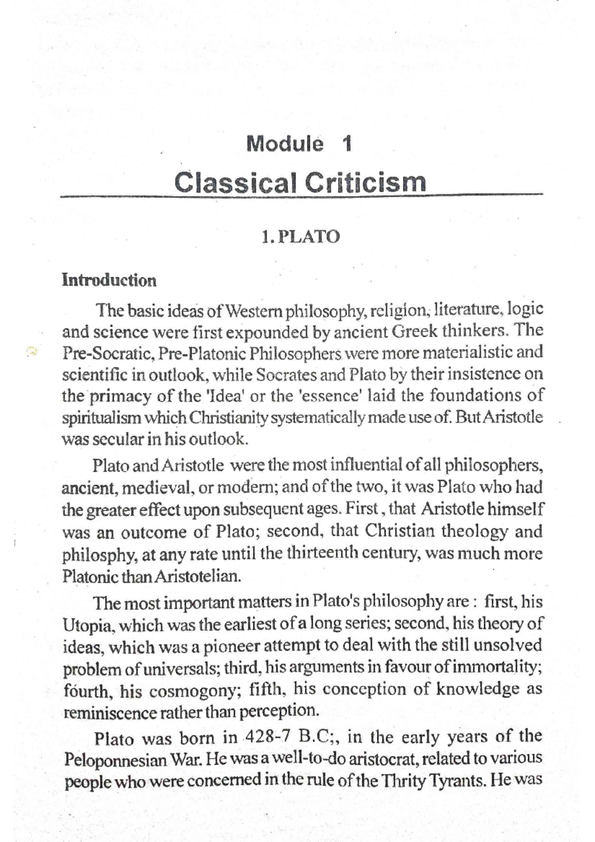 Classical Criticism Plato - B.A English Language and Literature - Studocu