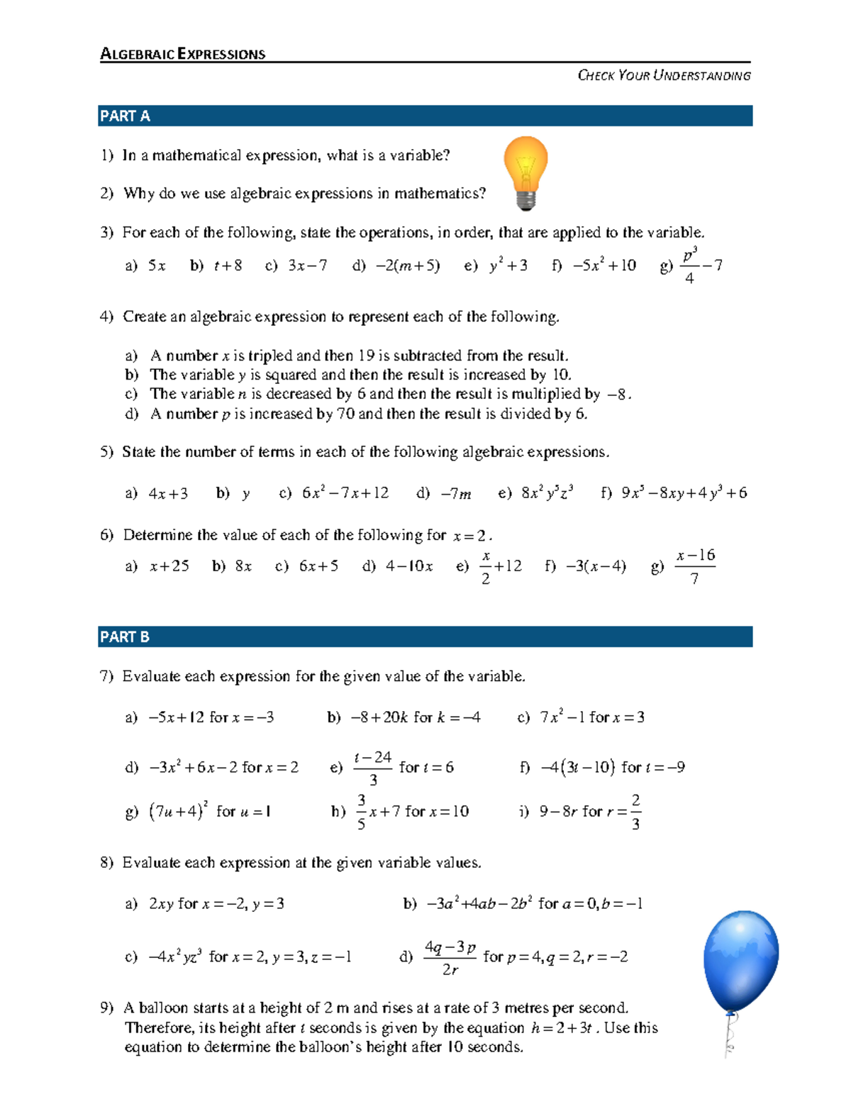 Algebraic Expressions - CYU - ALGEBRAIC EXPRESSIONS CHECK YOUR UNDERSTANDING PART A In a - Studocu