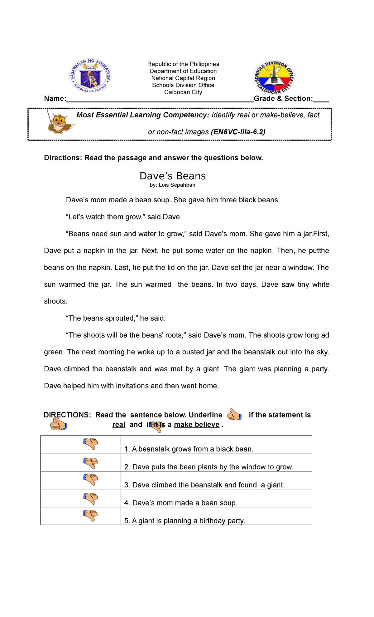 Worksheet Quarter 1 WEEK 1 - Name ...