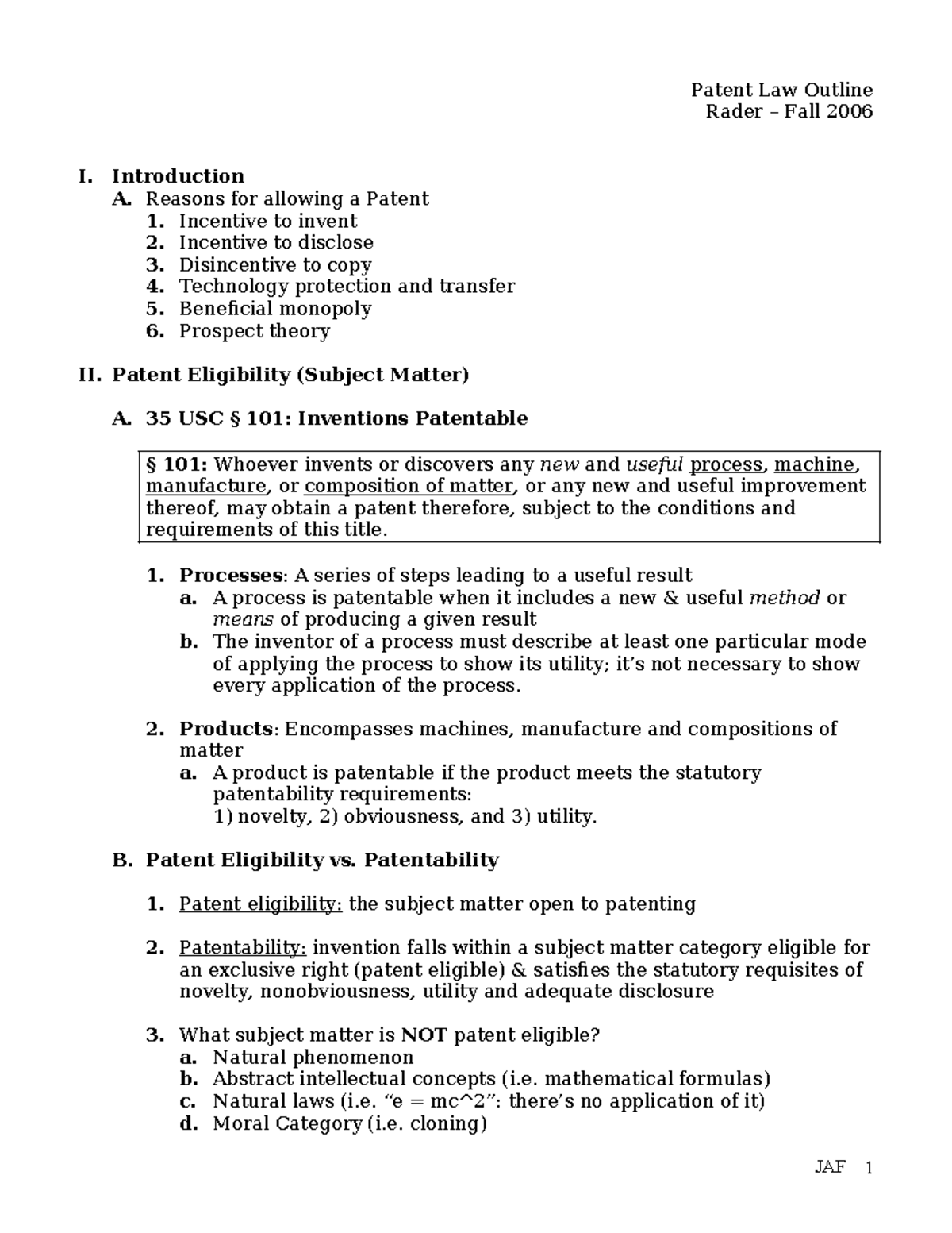 Patent Law Outline - Patent Law Outline Rader – Fall 2006 I ...