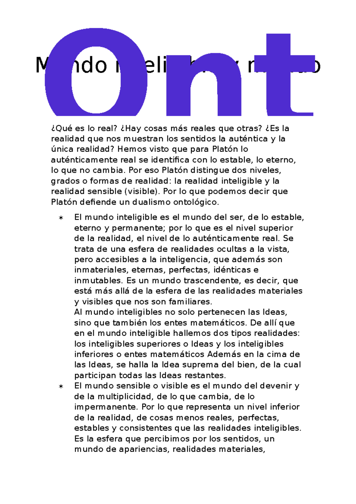 Ontologia- Mundo Sensible Y Mundo Inteligible - ¿Qué es lo real? ¿Hay ...