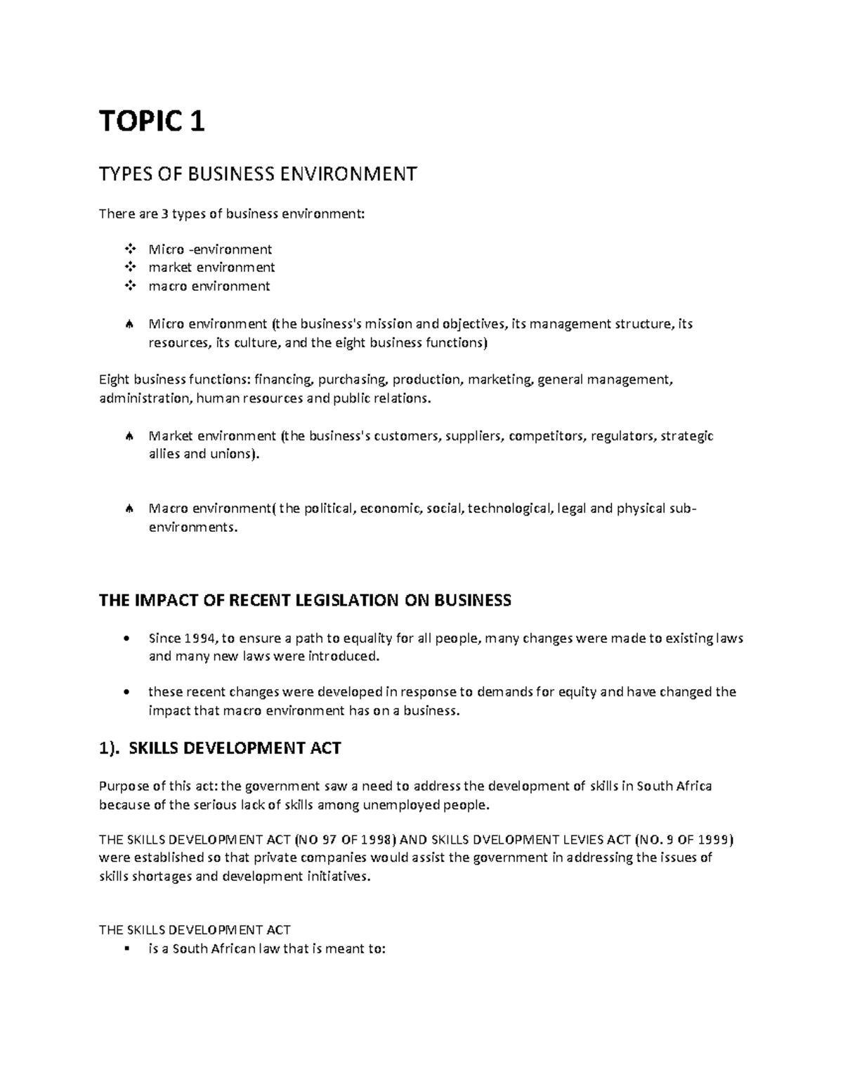 Business studies grade 12 notes - TOPIC 1 TYPES OF BUSINESS ENVIRONMENT ...