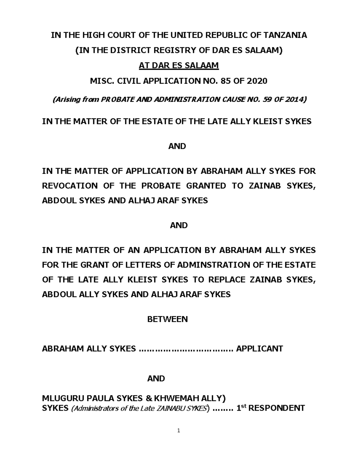 Abraham Ally Sykes Another vs Mluguru Paula Sykes Khwemah Ally Sykes ...