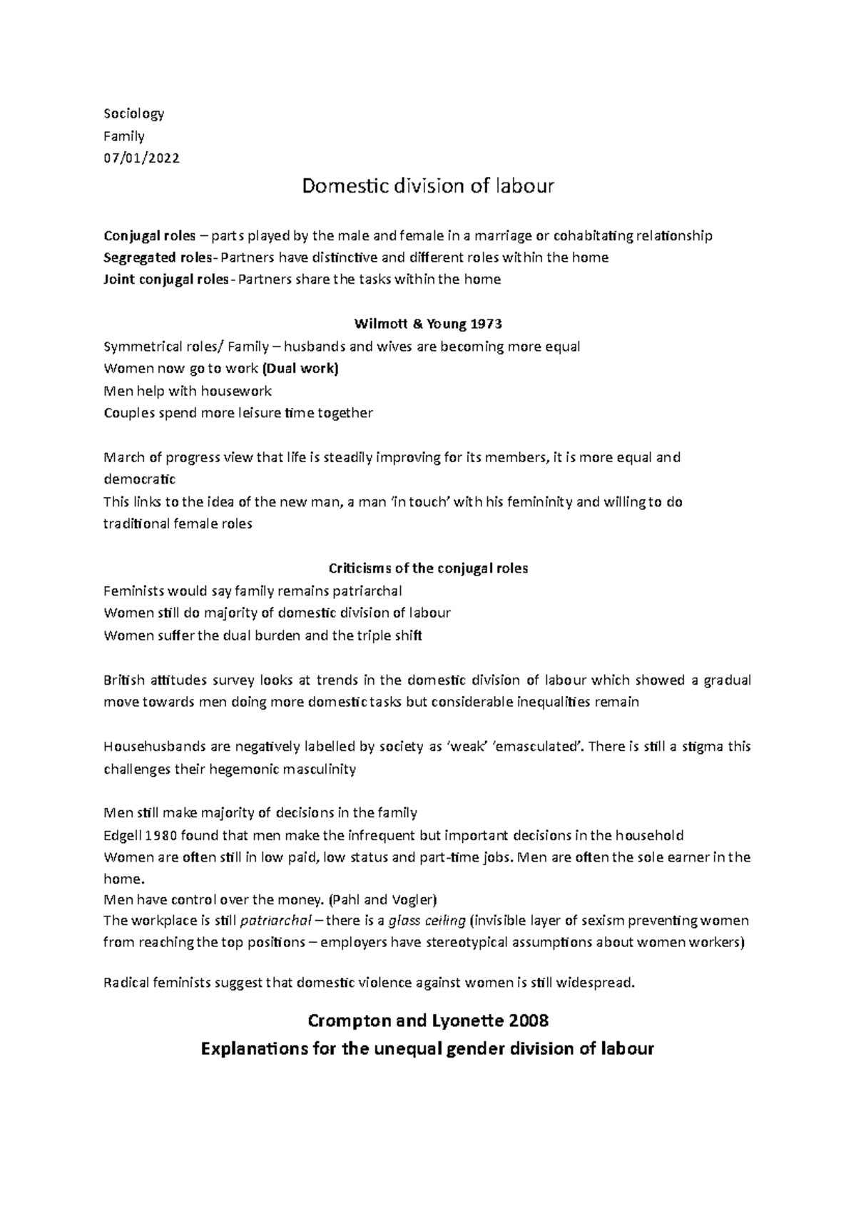 Division of domestic labour - Sociology Family 07/01/ Domestic division ...