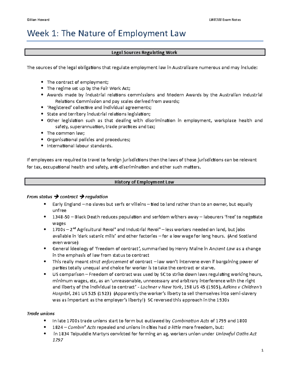 Final Exam Notes employment - Gillian Howard LWB308 Exam Notes Week 1 ...