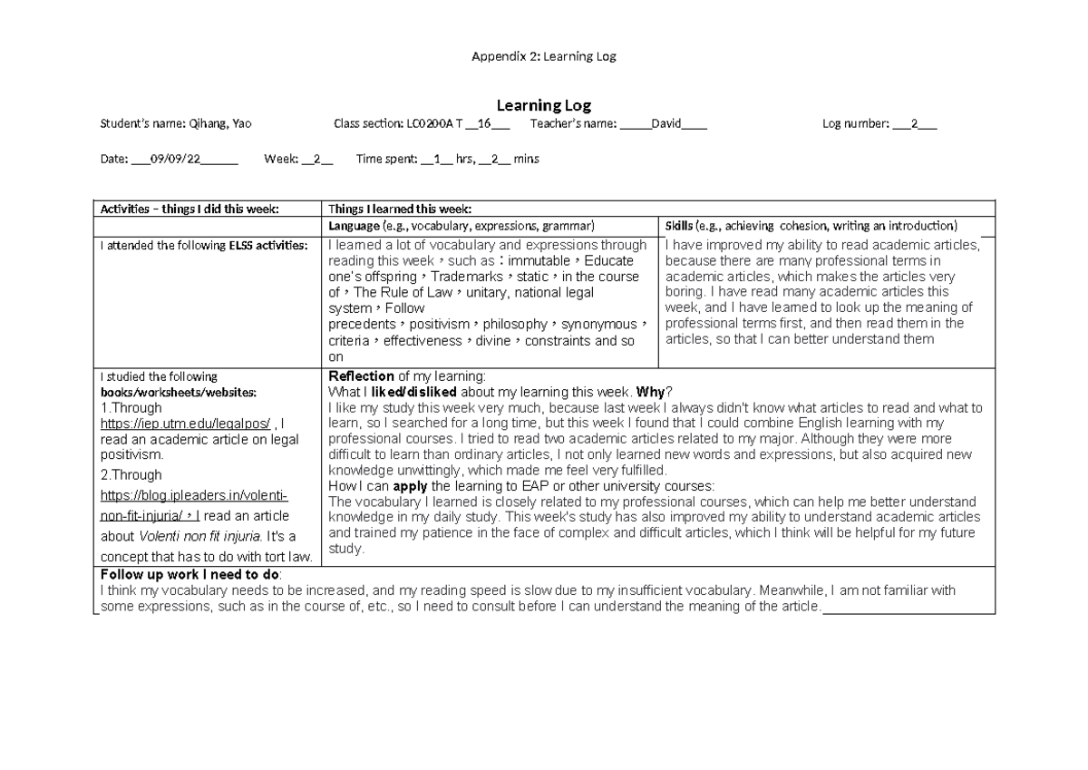 Learning Log2 - 111111111111111 - Appendix 2: Learning Log Learning Log ...