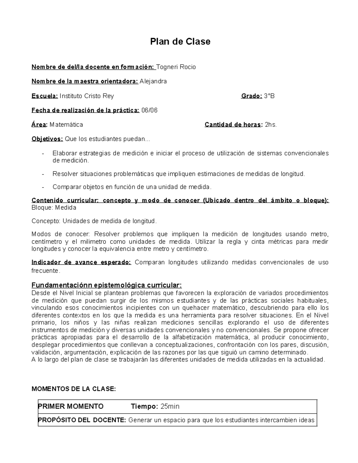 Planificacion de medidas longitud 1 - Plan de Clase Nombre de del/la ...