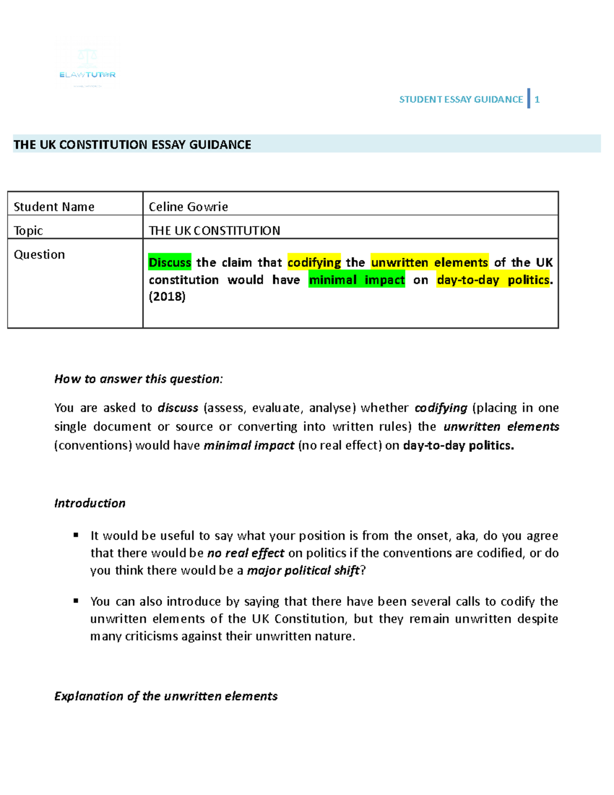 ELAW Tutor Publiclaw Constitution Sample 2SEP2023 - THE UK CONSTITUTION ...