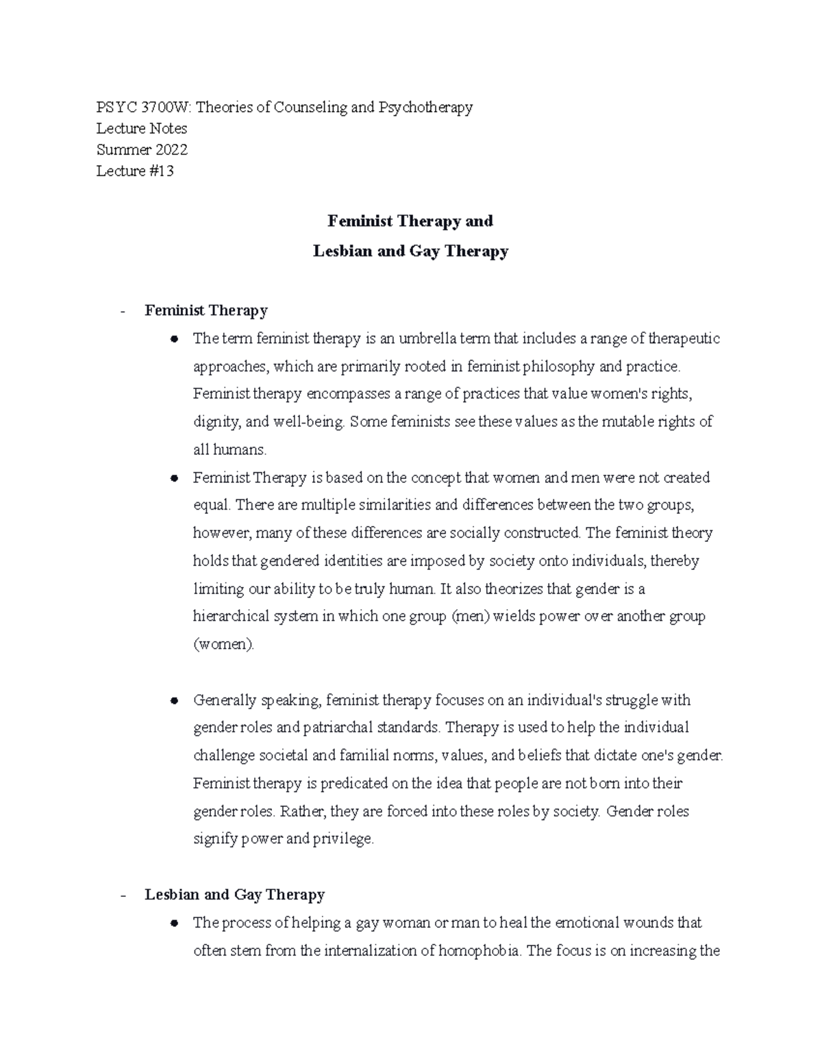 Lecture #13 - Main Topics and Notes. - PSYC 3700W: Theories of ...