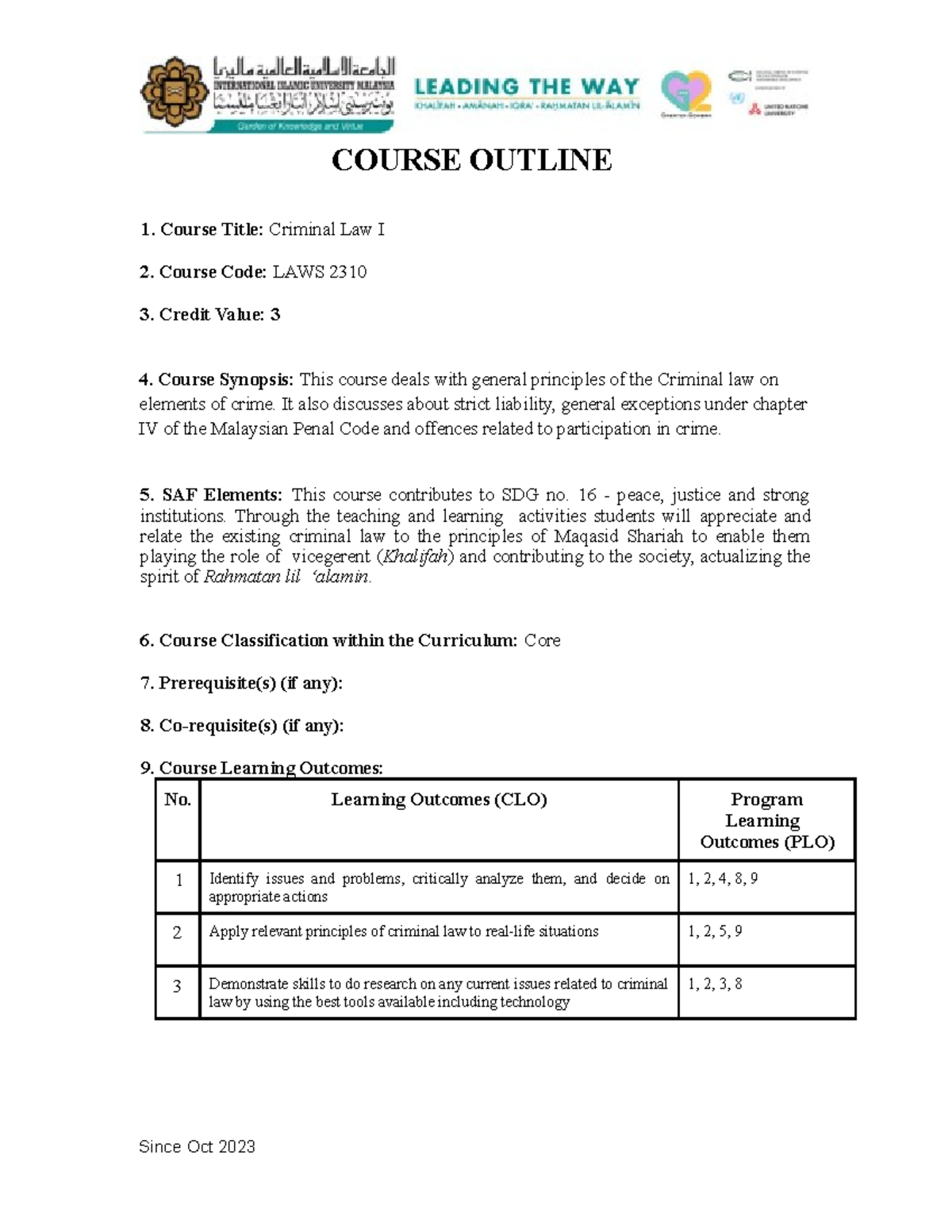 MMH LAWS 2310 Course Outline & Course PLAN - COURSE OUTLINE 1. Course Title: Criminal Law I 2 ...
