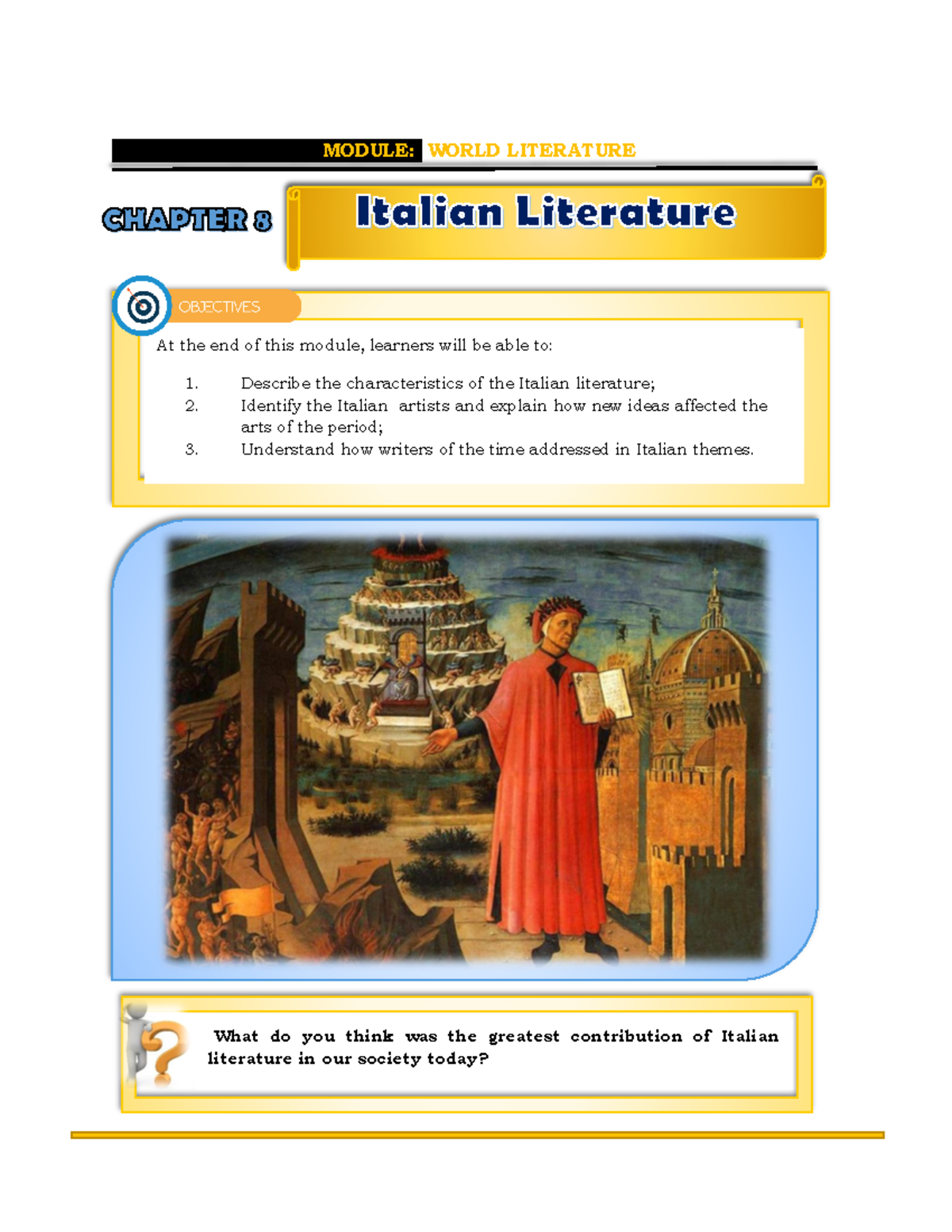 Chapter 8 - Italian Literature - At the end of this module, learners ...