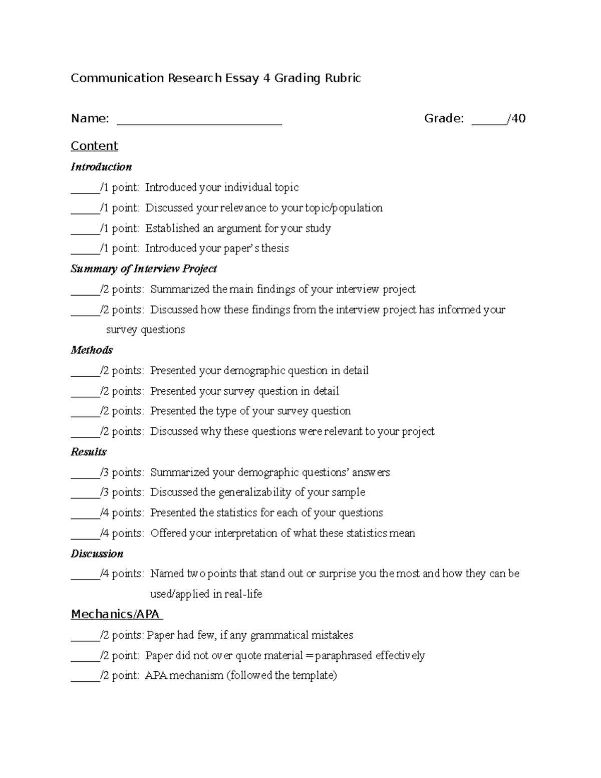 Essay 4 Grading Rubric - Communication Research Essay 4 Grading Rubric ...