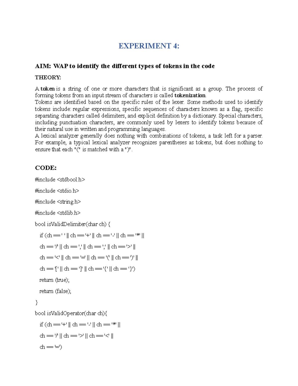 Lab 4 CC - compiler - EXPERIMENT 4: AIM: WAP to identify the different ...