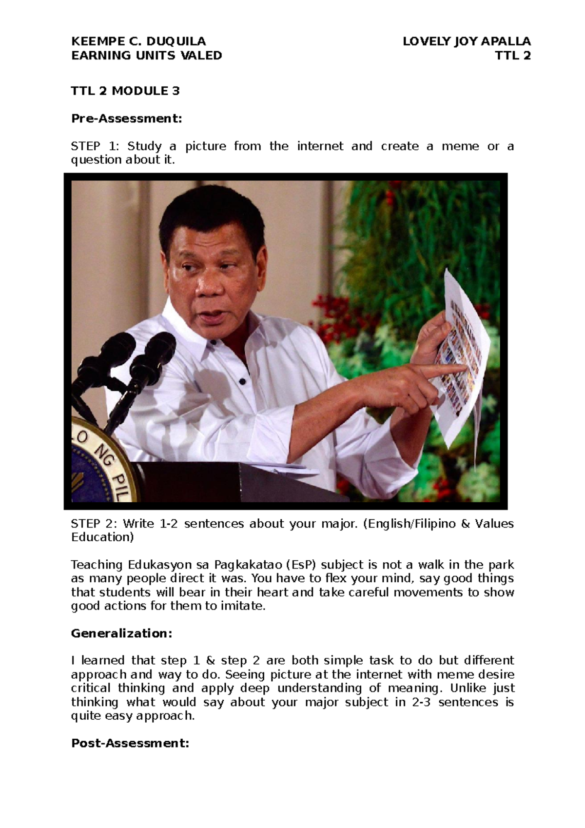 CTED TTL2 M3 Duquila - Modules - EARNING UNITS VALED TTL 2 TTL 2 MODULE 3 Pre-Assessment: STEP 1 ...