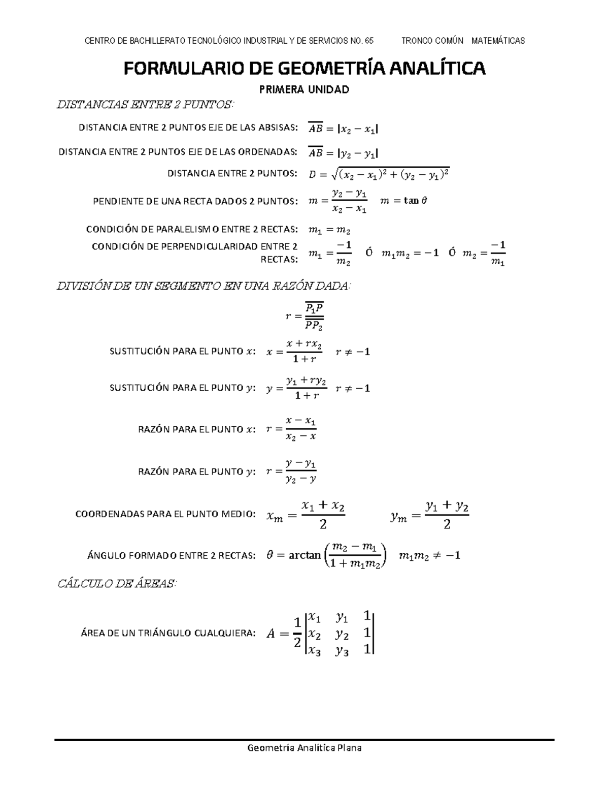 Formulario de Geometría Analítica Primera y Segunda Unidad - Warning: TT: undefined function: 32 ...