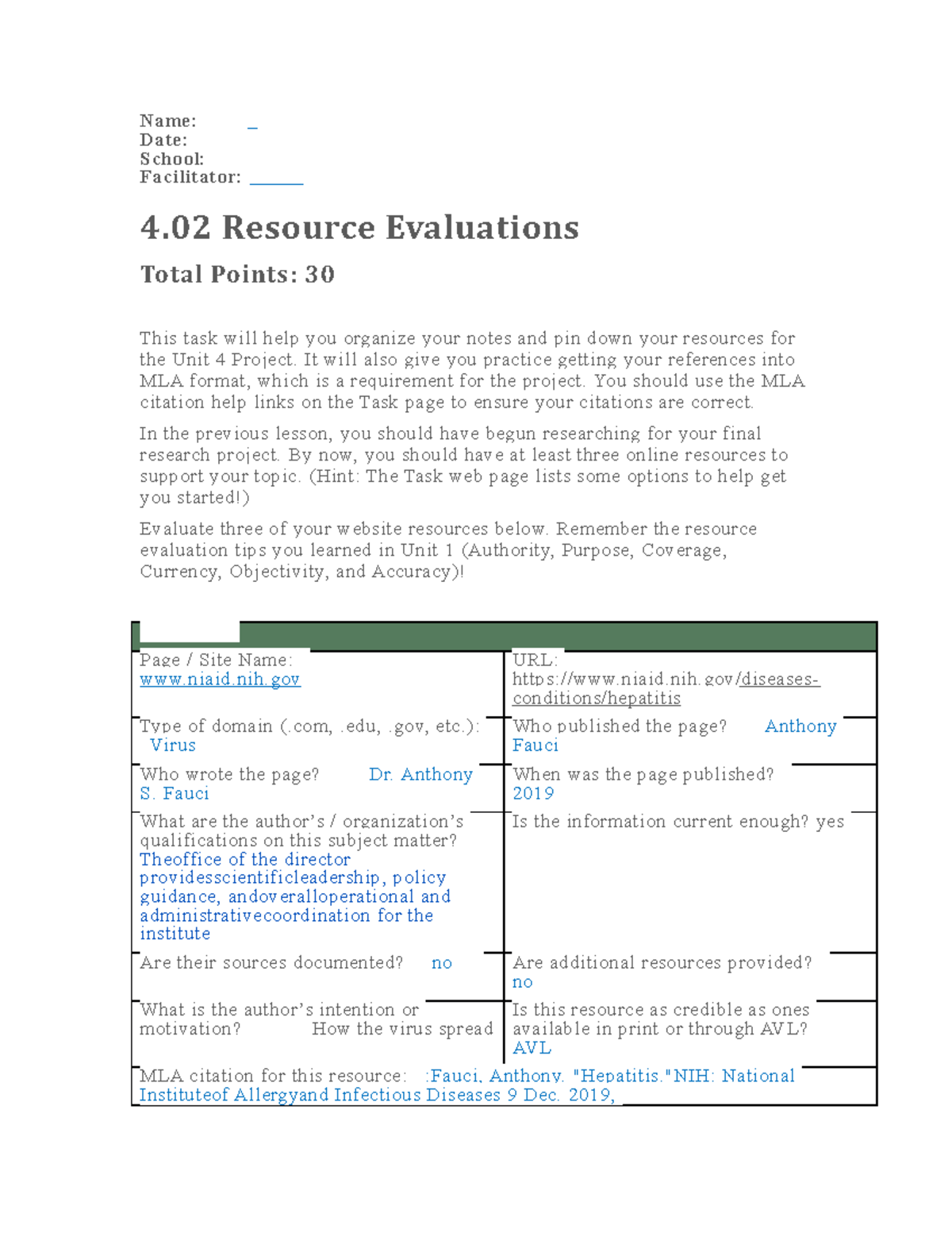 04-02 task2 - Very easy fill in the bank - Name: Date: School ...