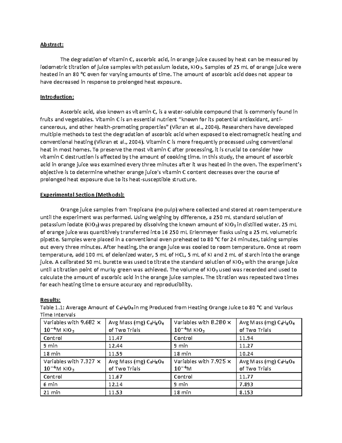 CHEM 123 Experiment 9 - Lab for Exp 9 example - Abstract: The degradation of vitamin C, ascorbic ...