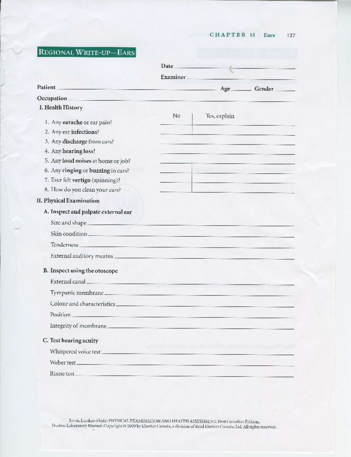Week 3 Lab - Ears Assessment Worksheet - CHAPTER 15 Ears 127 REGIONAL ...