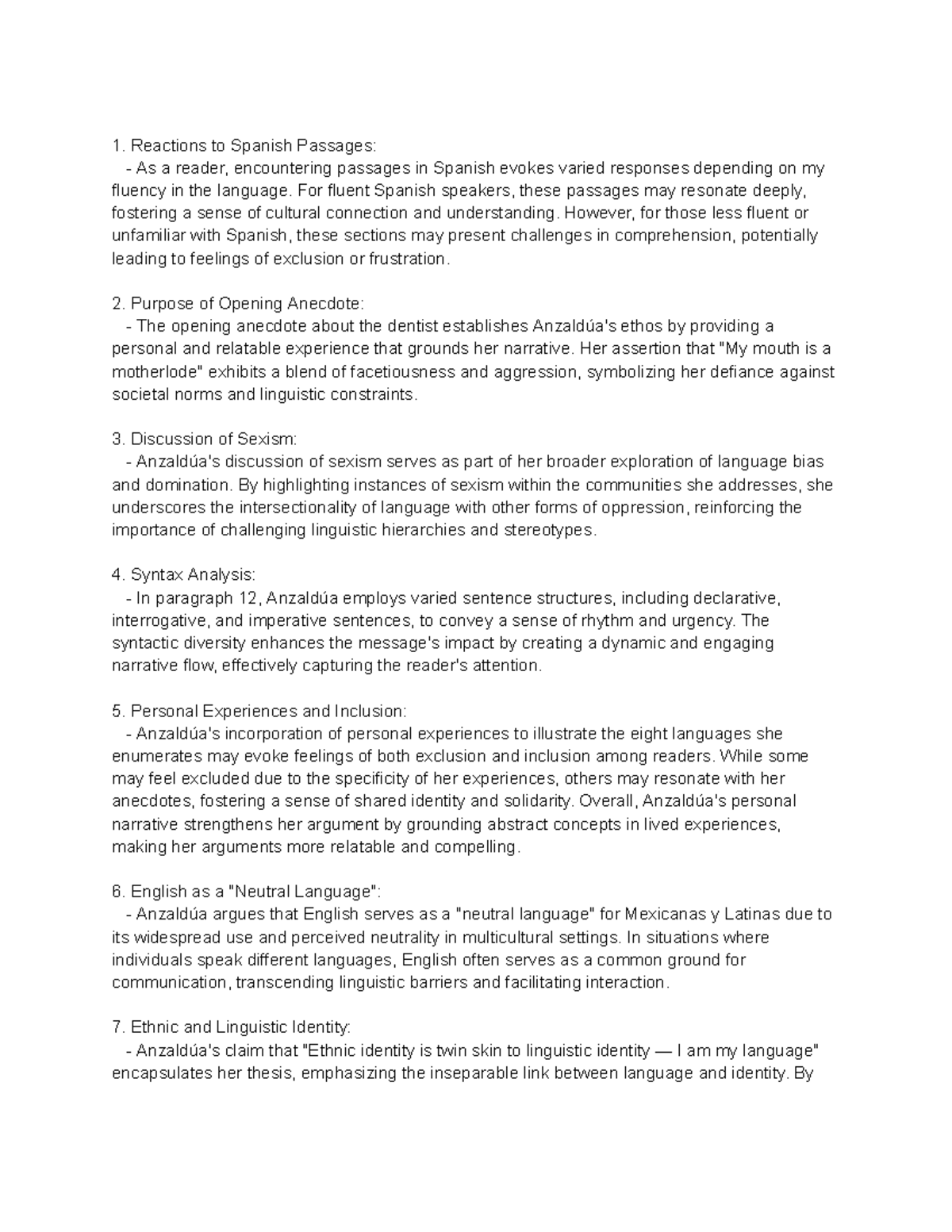 How to Tame a Wild Tongue Exploring the Text - Reactions to Spanish ...