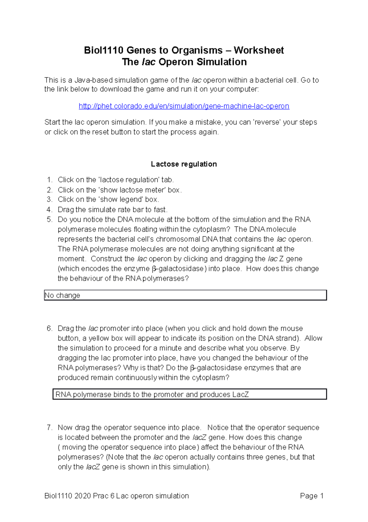 1. Prac 6 lac operon simulation 2020 - BIOL1110 - MQ - Studocu