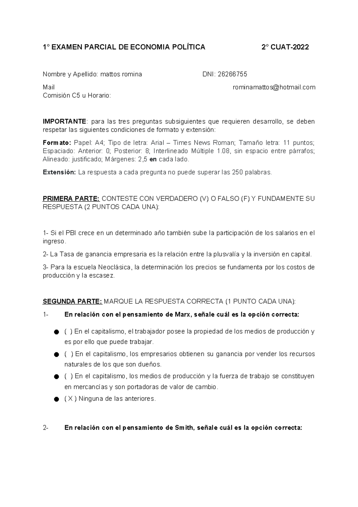 1° Examen Parcial Unpaz Economía Política Mattos - 1° EXAMEN PARCIAL DE ECONOMIA POLÍTICA 2 ...