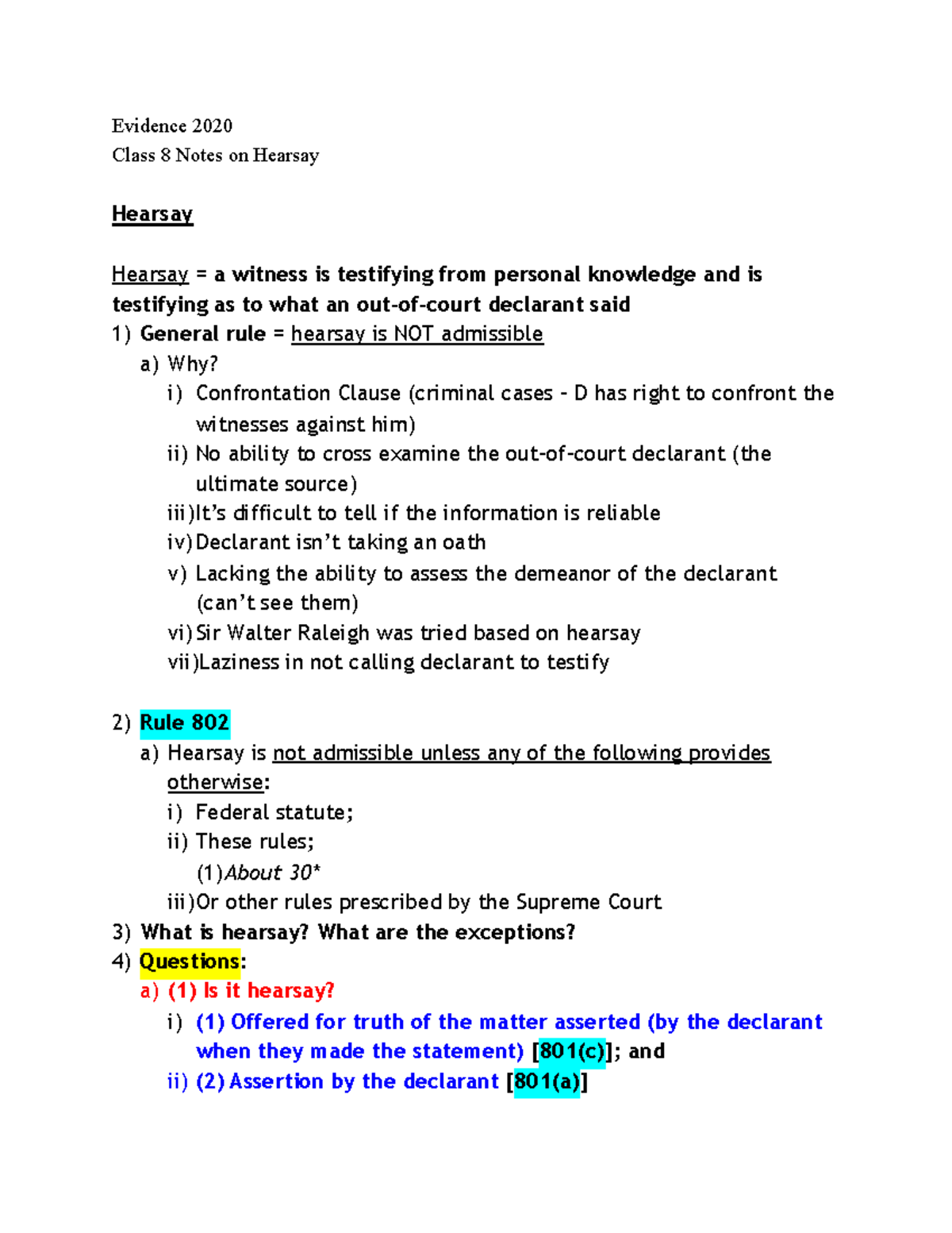Evidence 2020 Class 8 Notes on Hearsay - Evidence 2020 Class 8 Notes on ...