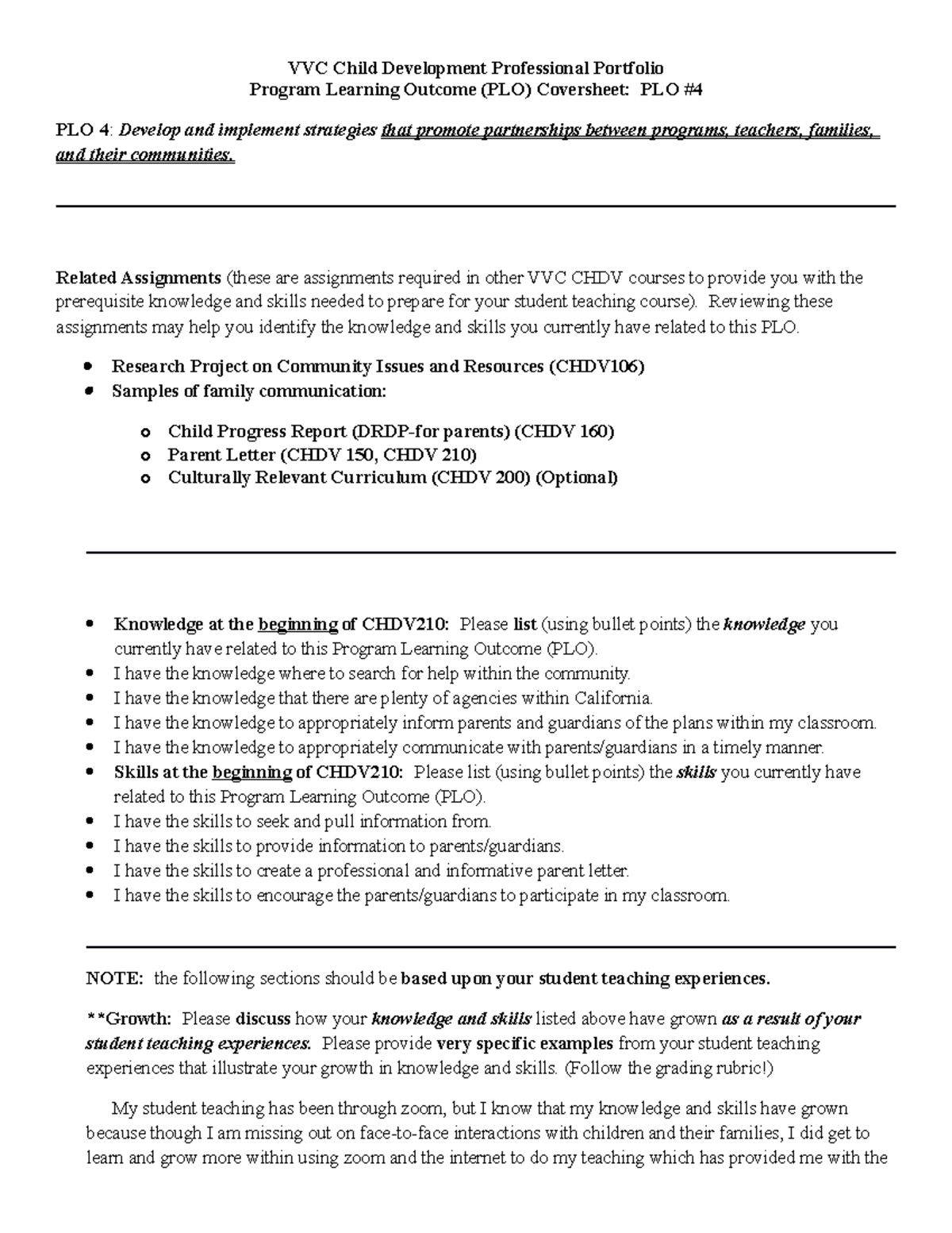 PLO 4 draft - Final work - VVC Child Development Professional Portfolio Program Learning Outcome ...