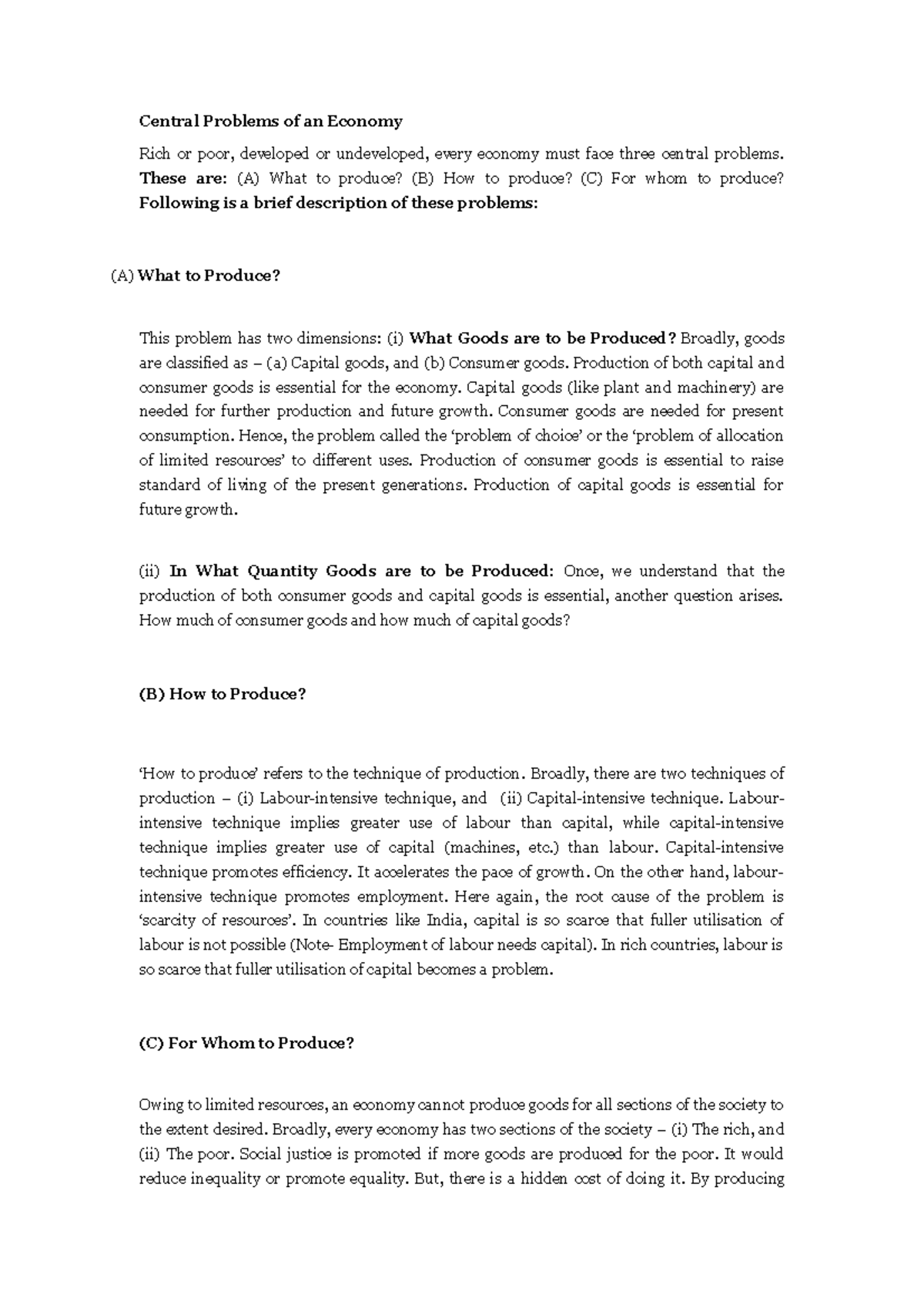 2 Central Problems of an Economy - Central Problems of an Economy Rich ...