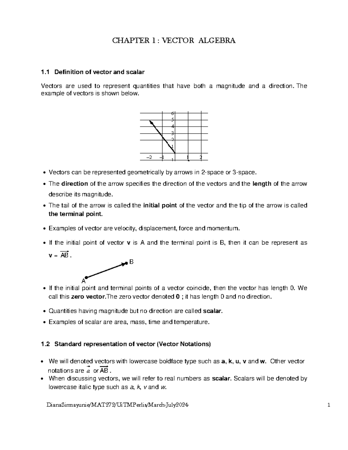 Chapter 1Vector and Scalar(2024) - CHAPTER 1 : VECTOR ALGEBRA 1 Definition of vector and scalar ...