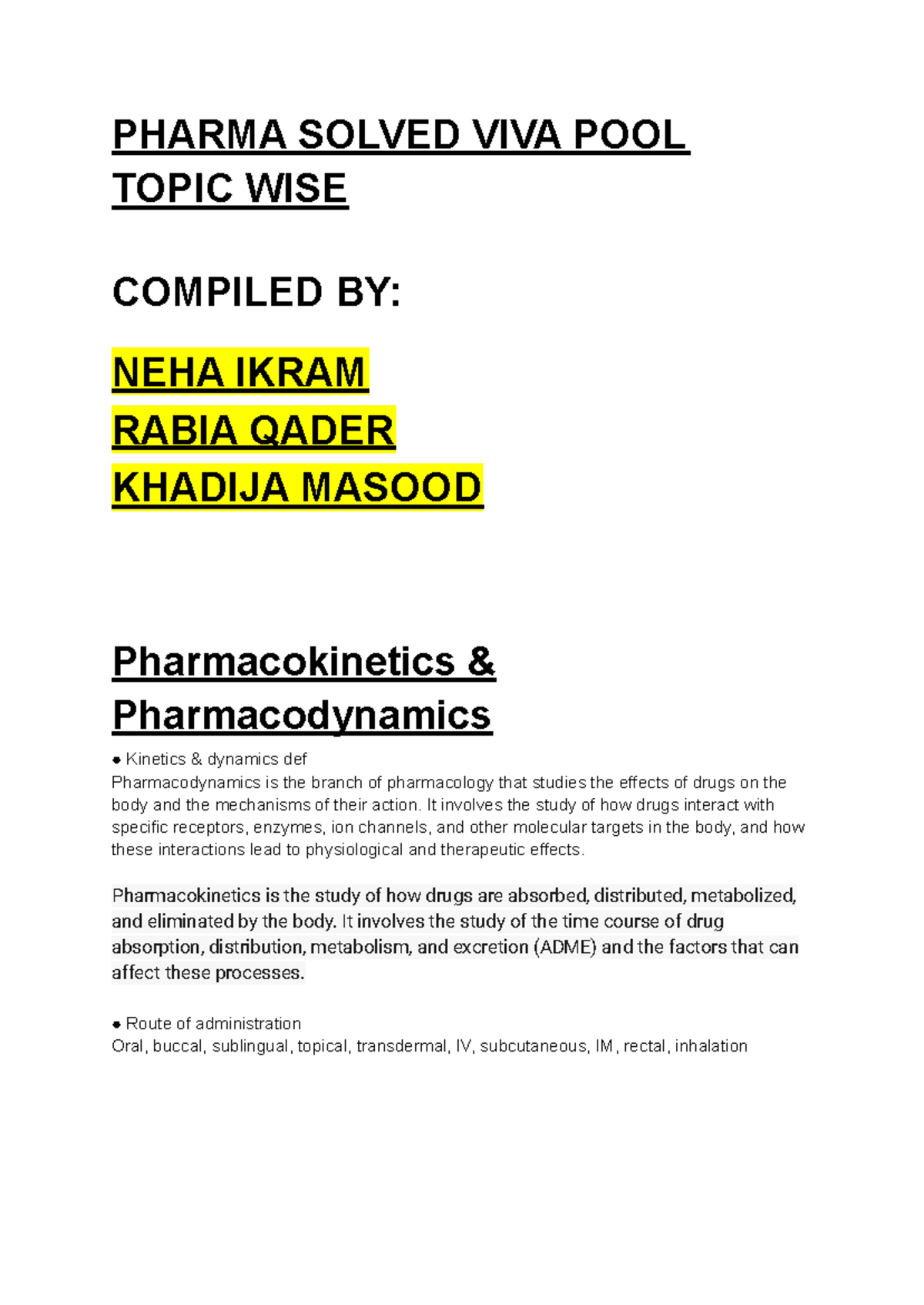 Pharma Solved VIVA POOL Topic WISE - PHARMA SOLVED VIVA POOL TOPIC WISE ...