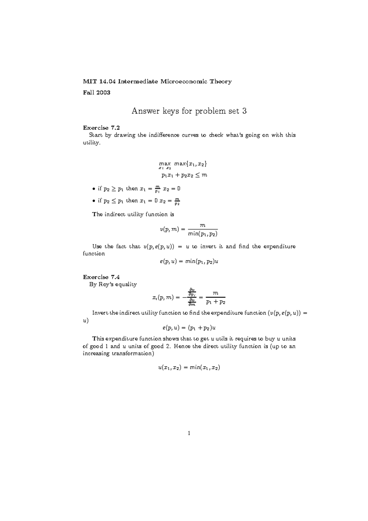 Ans3 - Tutorial work 1 full - MIT 14 Intermediate Microeconomic Theory ...