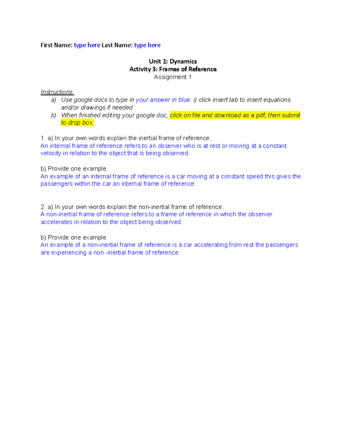 Assignment 1 Frames of Reference - Studocu