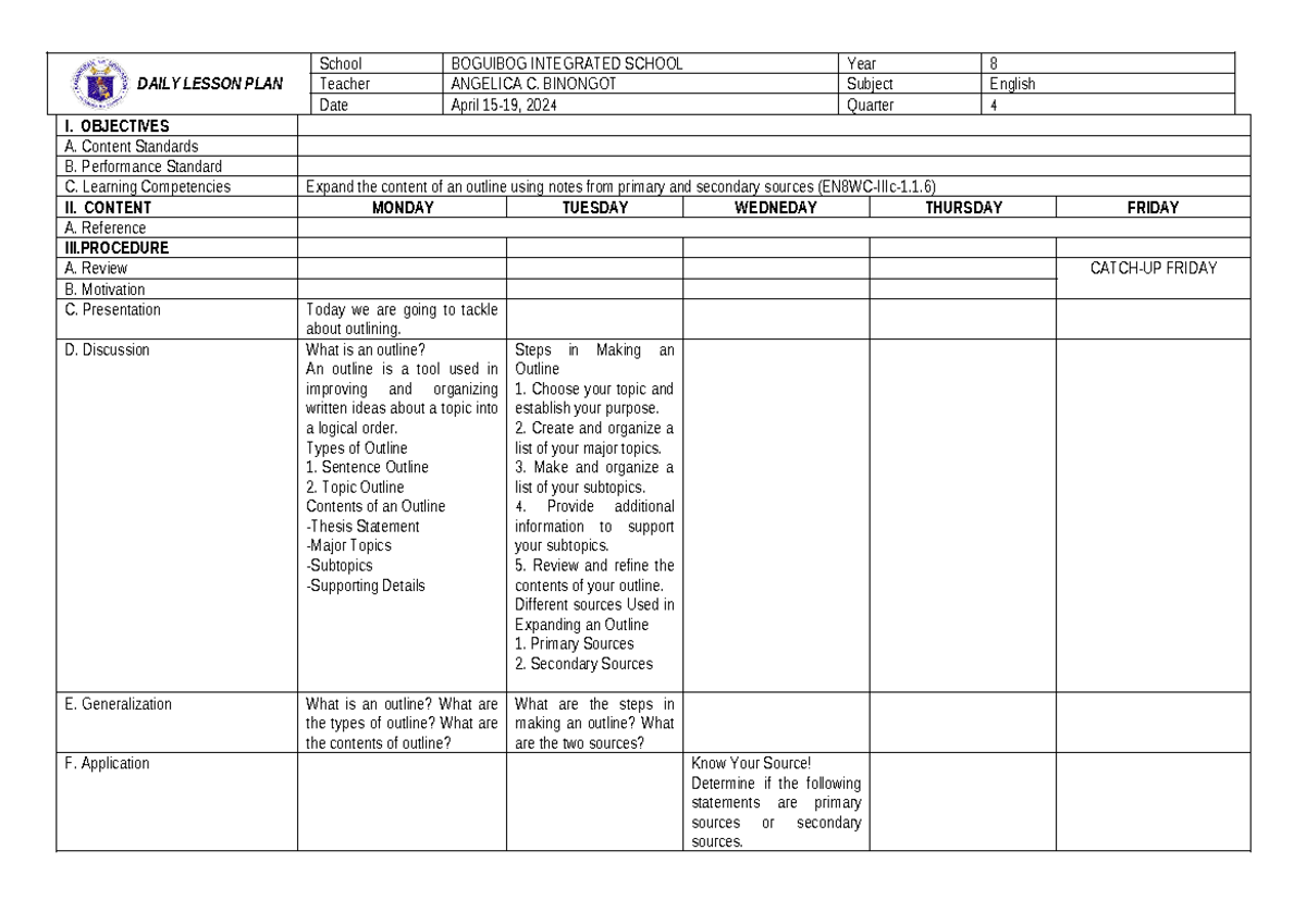Daily Lesson PLAN ENG8 WK3 - I. OBJECTIVES A. Content Standards B. Performance Standard C ...