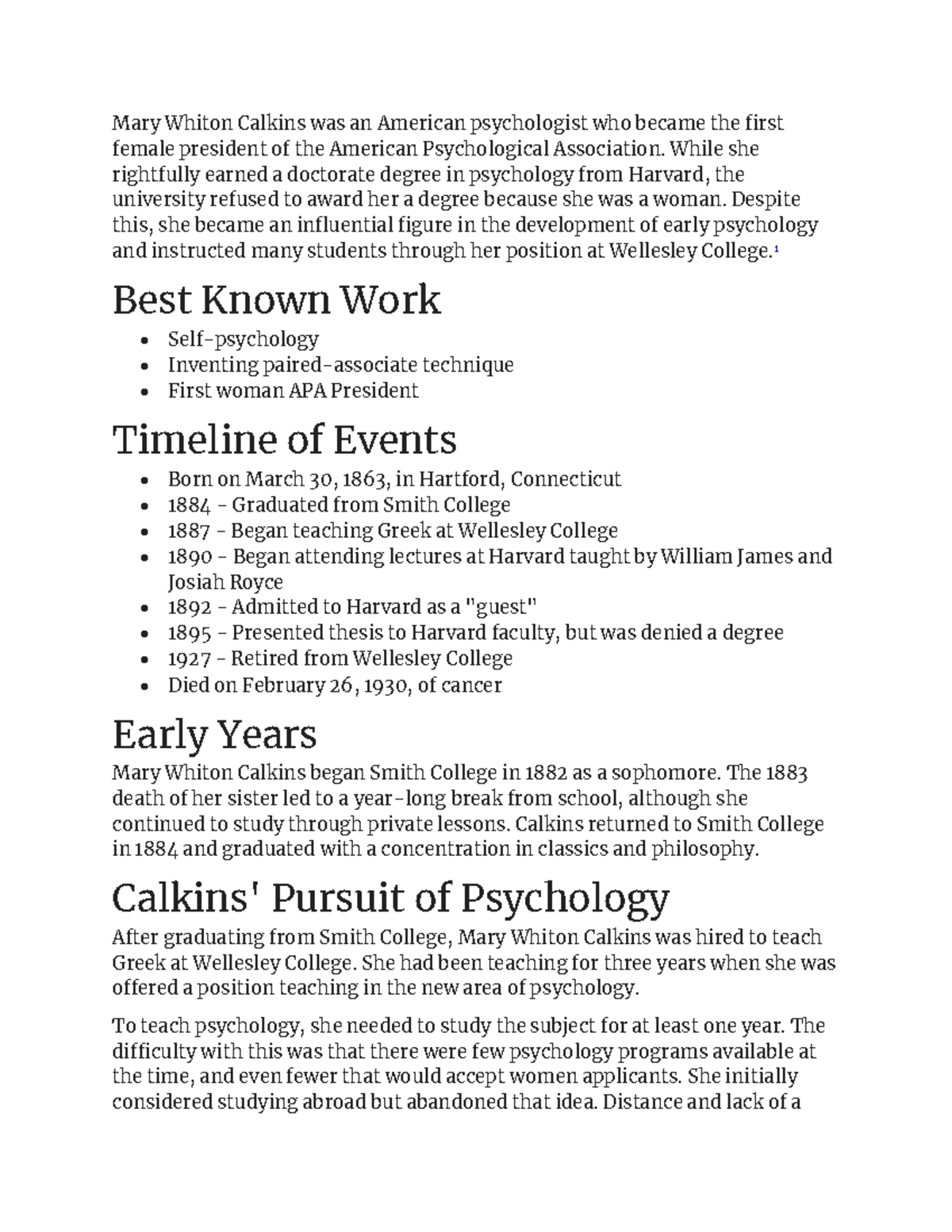 Mary Whiton Calkins Notes - Mary Whiton Calkins was an American ...