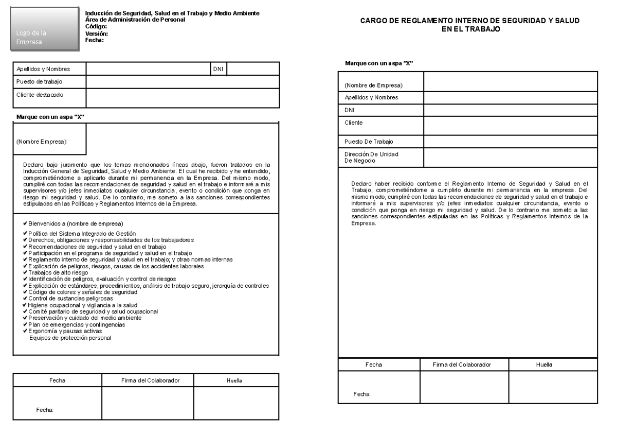 Inducciòn de SST , MA y cargo de entrega de Risst - Inducción de ...