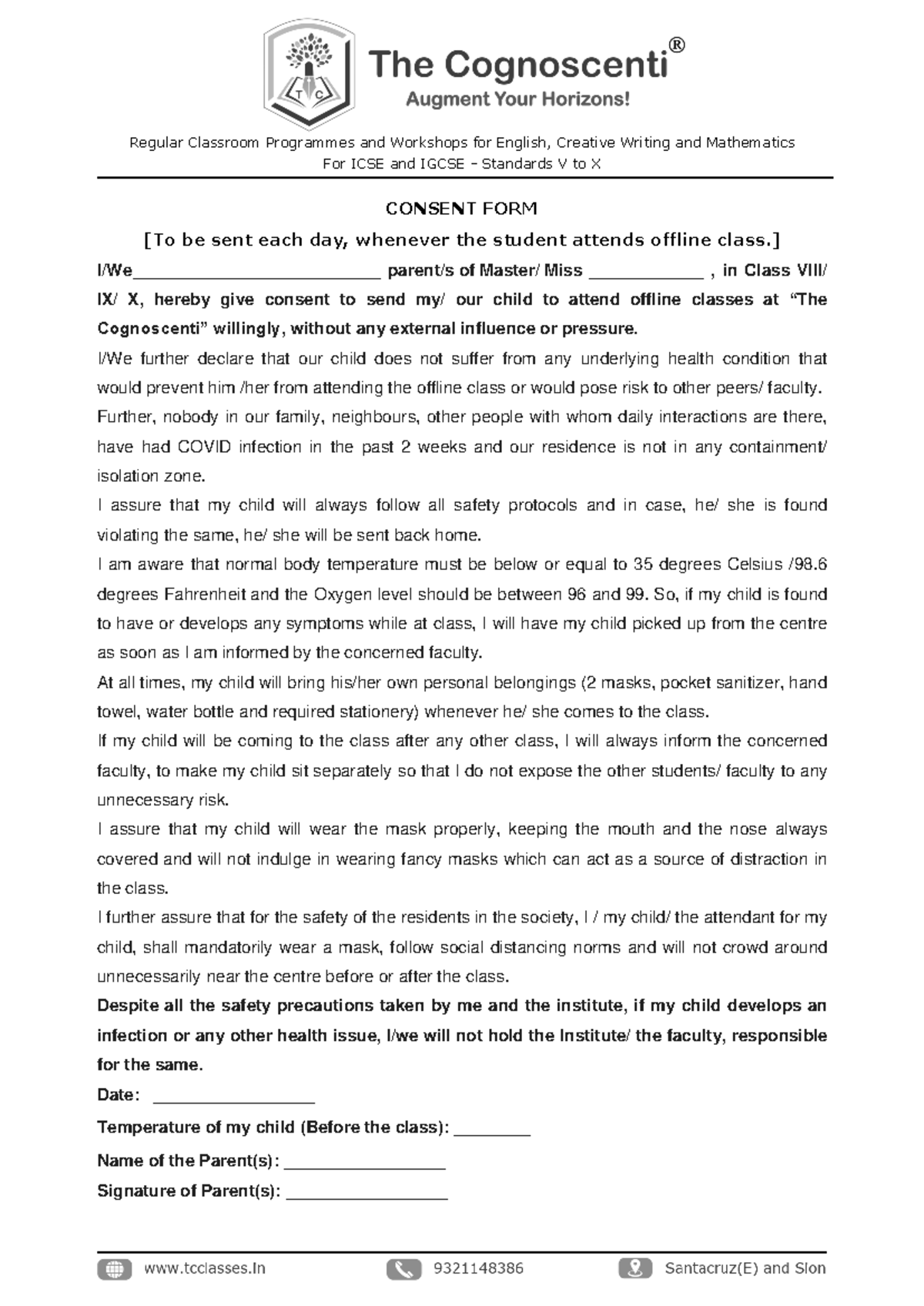Consent FORM- Tcclasses - Regular Classroom Programmes and Workshops ...
